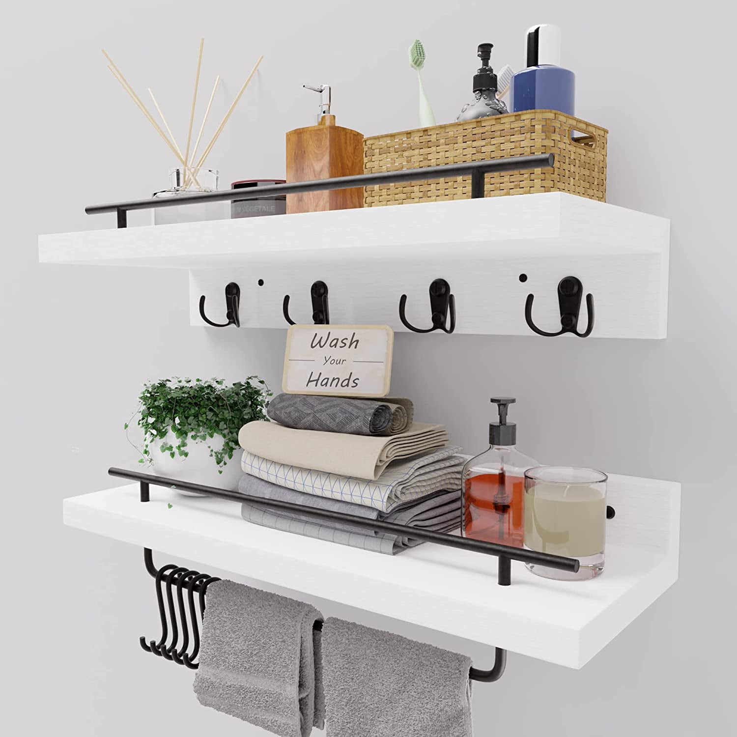 FREEAMG Pine Floating Shelves with Hooks, White Farmhouse Bathroom ...