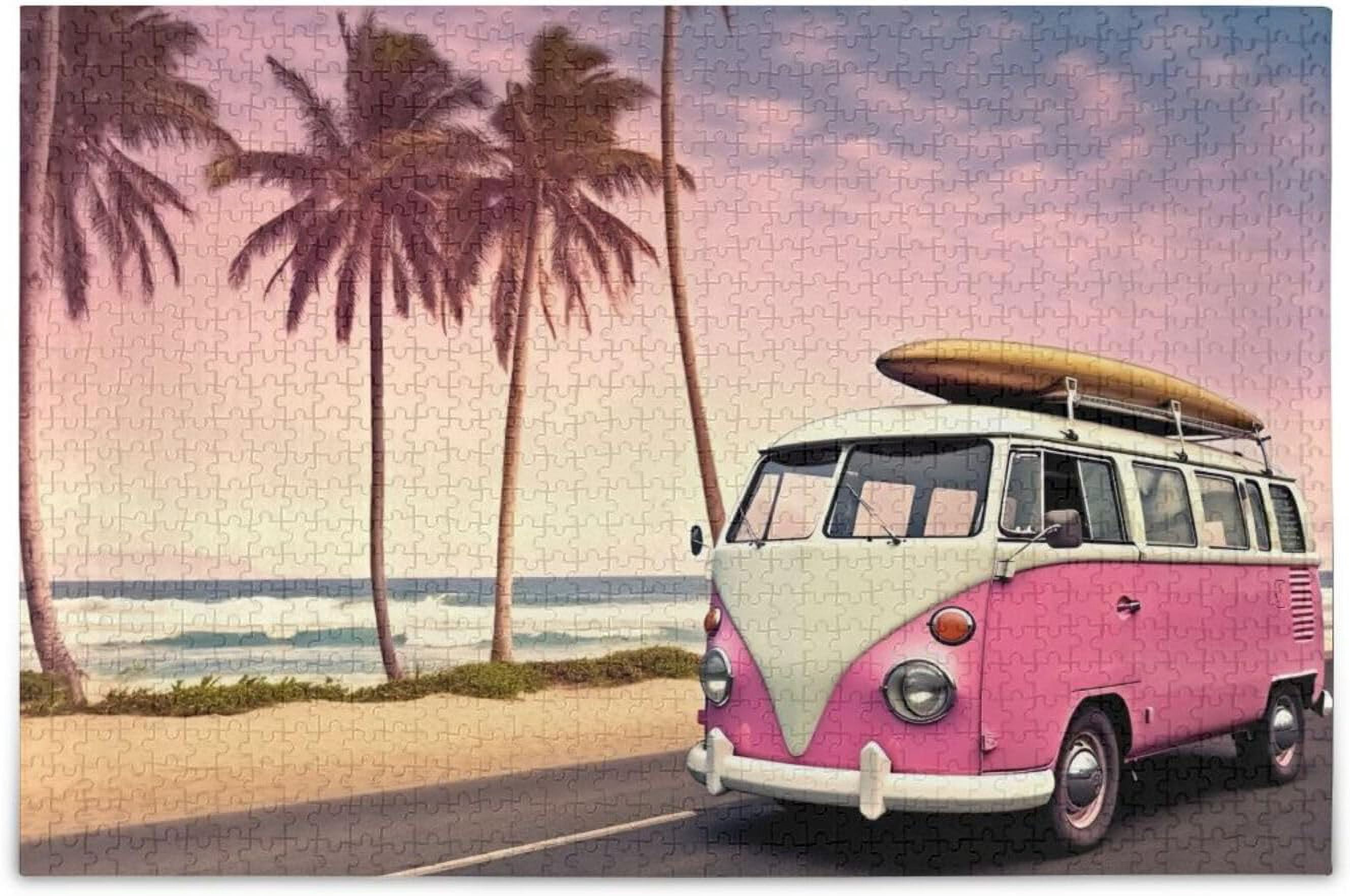 FREEAMG Pink Bus Pattern Puzzle 1000 Pieces - Wooden Jigsaw Puzzles for ...