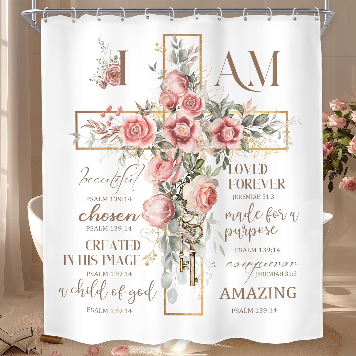 FREEAMG Pink Floral Shower Curtain 60Wx72H Christian Shower Curtain ...