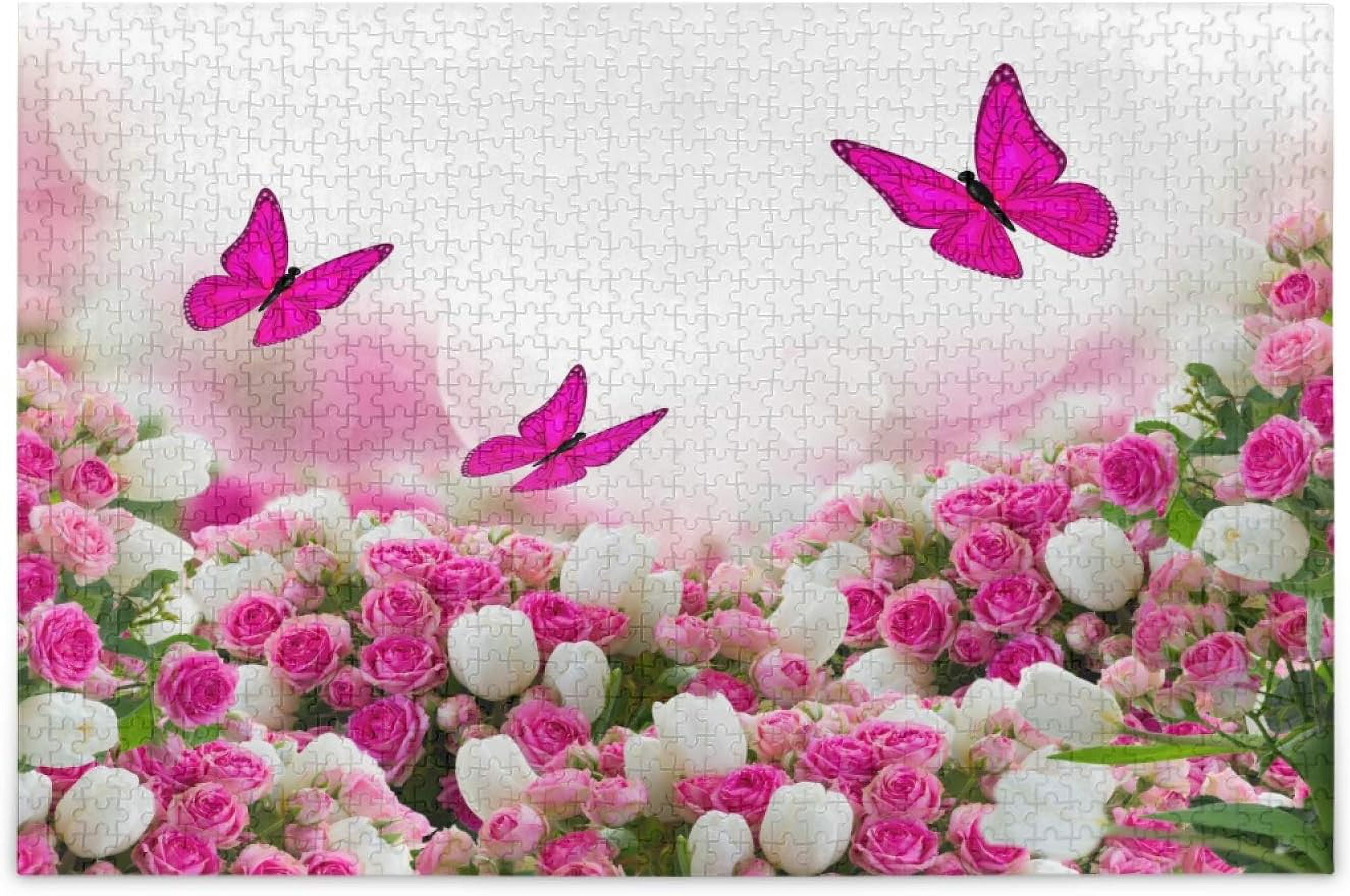 FREEAMG Pink Rose White Tulip Butterfly Puzzle for Adults 1000 Piece ...