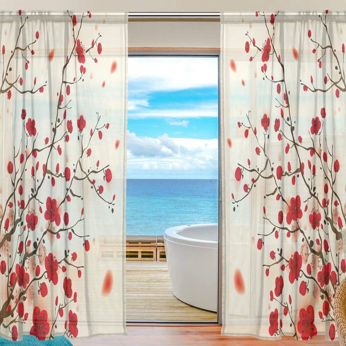 FREEAMG Plum Blossom Red Sheer Curtains Window Voile Panels Drapes ...