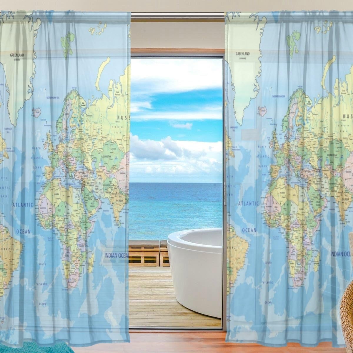 FREEAMG Political World Map Sheer Window Curtain Panel Drape 55x84 Inch ...