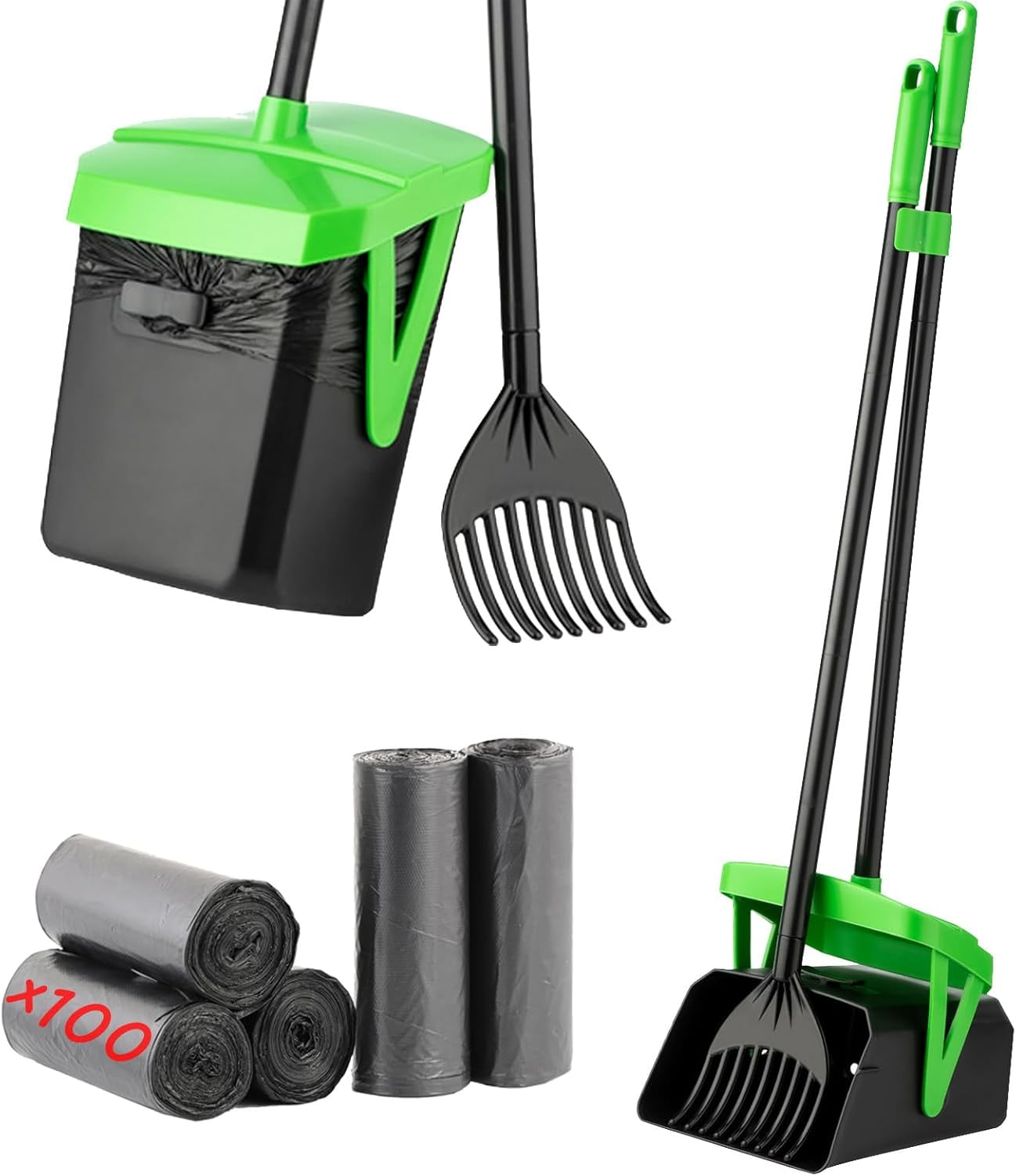 FREEAMG Pooper Scooper Swivel Bin & Rake with 100 Waste Bags, Dog ...