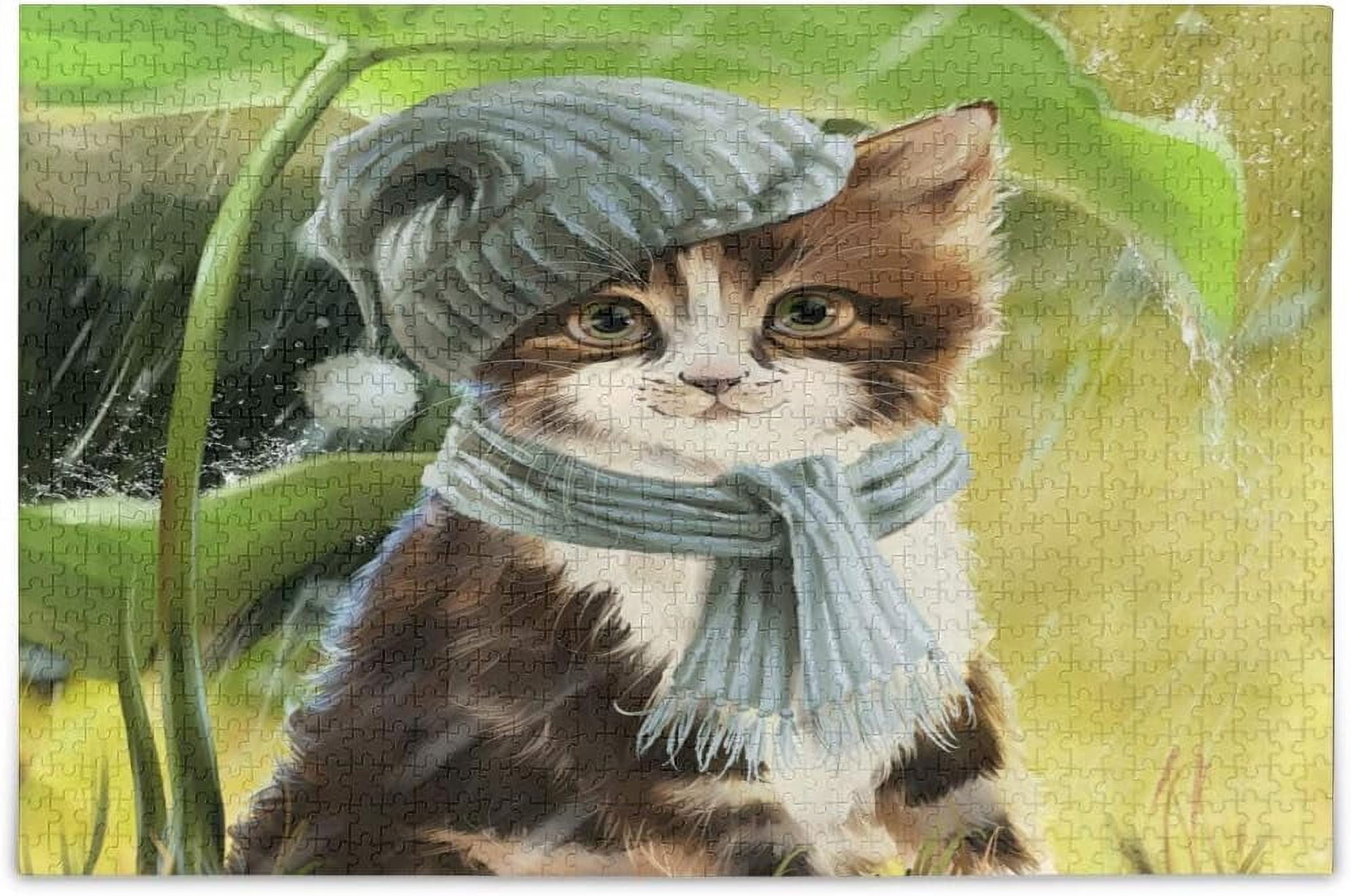 FREEAMG Pretty Cat in Lotus Umbrella in Rain Oil Painting Jigsaw ...