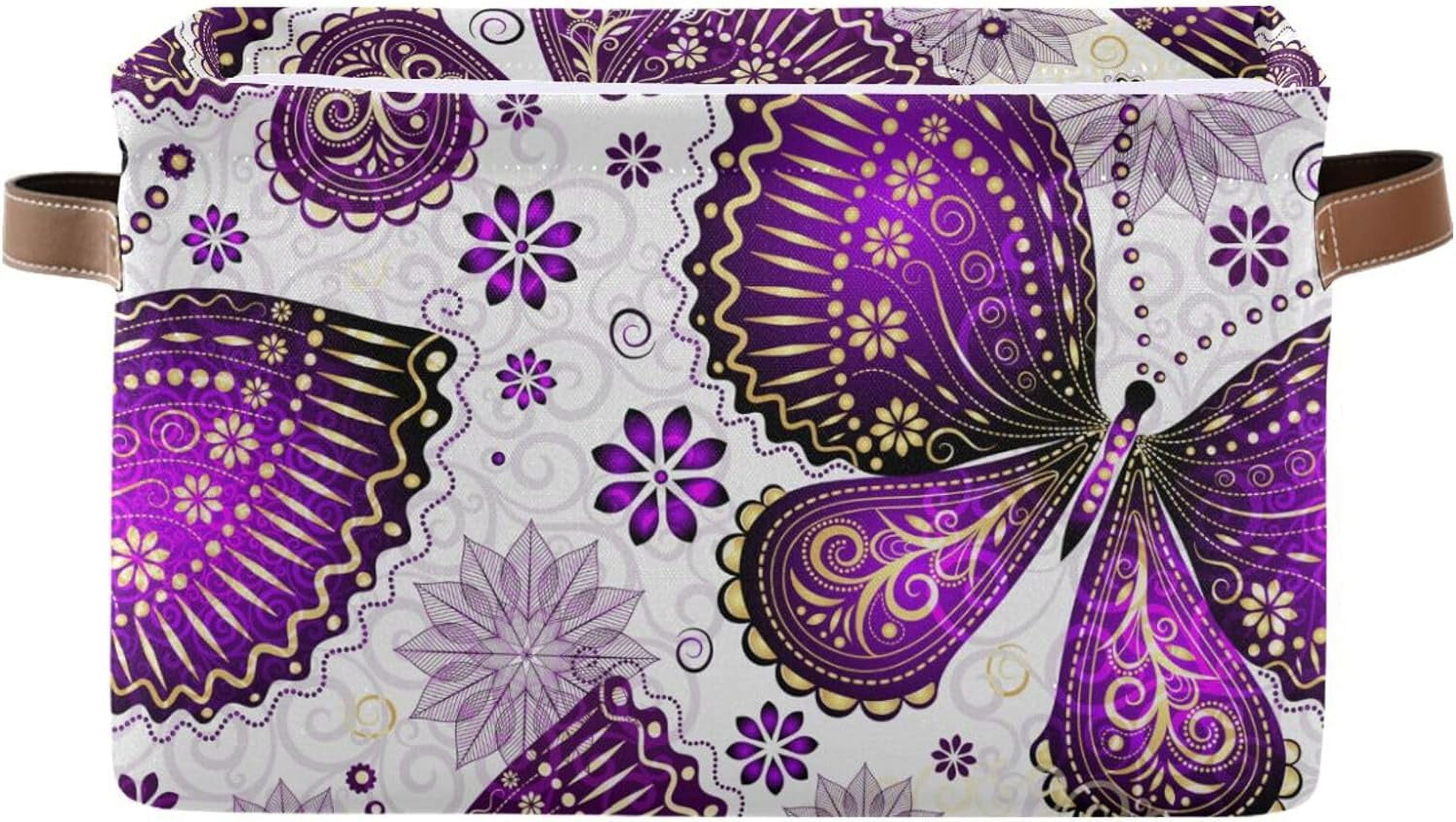 FREEAMG Purple Butterflies and Flowers Storage Basket, Durable Canvas ...