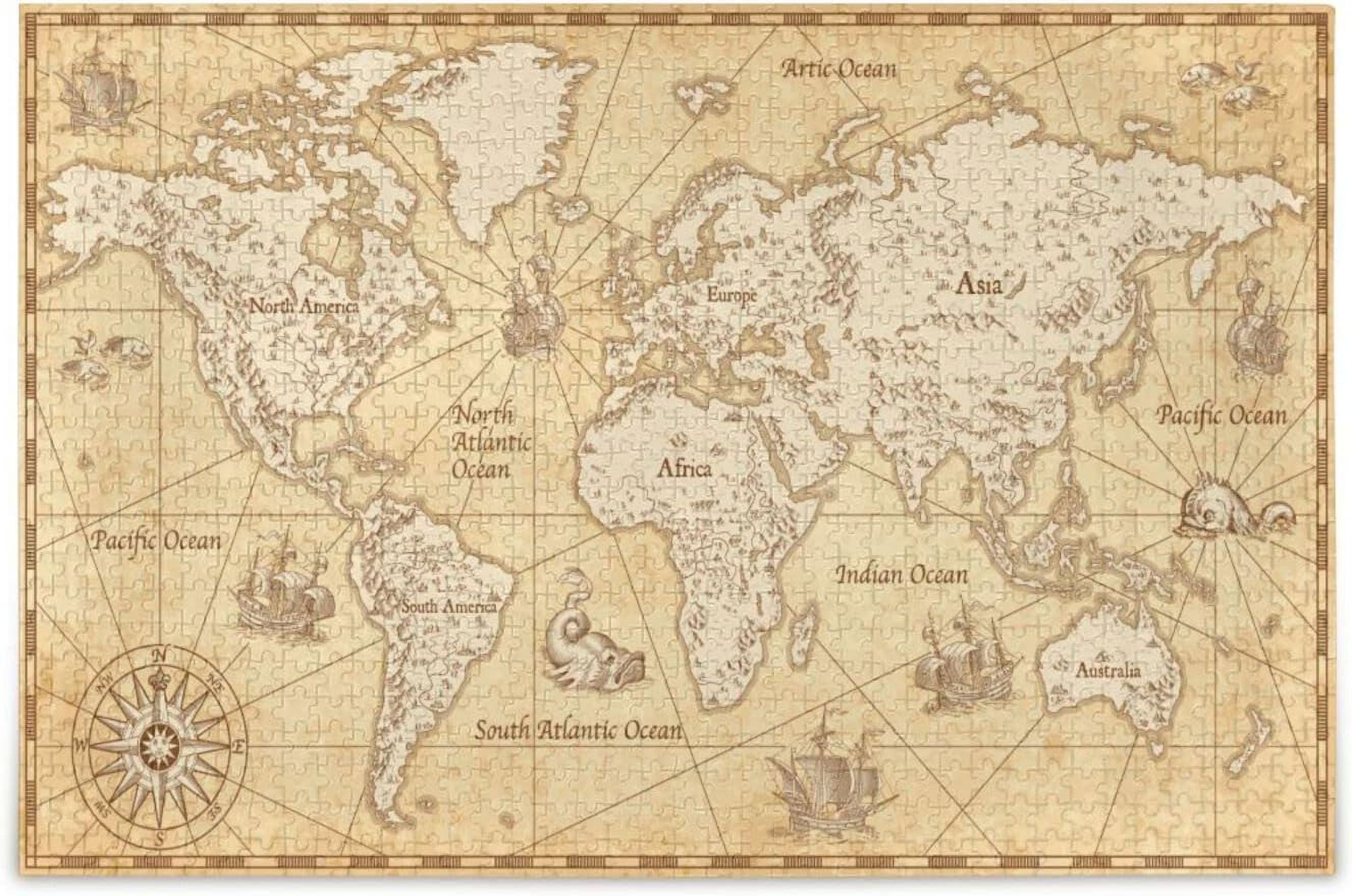 FREEAMG Puzzle 1000 Pieces - Retro World Map - Wooden Jigsaw Puzzles ...