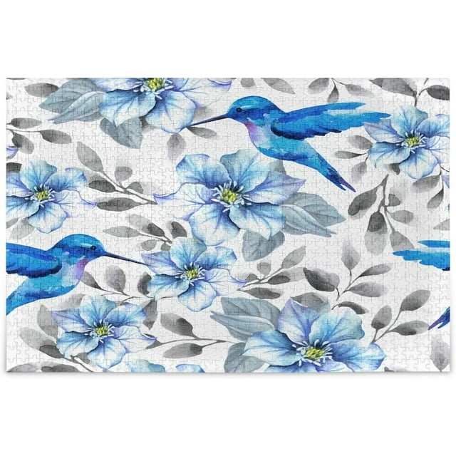 FREEAMG Puzzles for Adults 1000 Piece Blue Flowers Hummingbirds Jigsaw ...