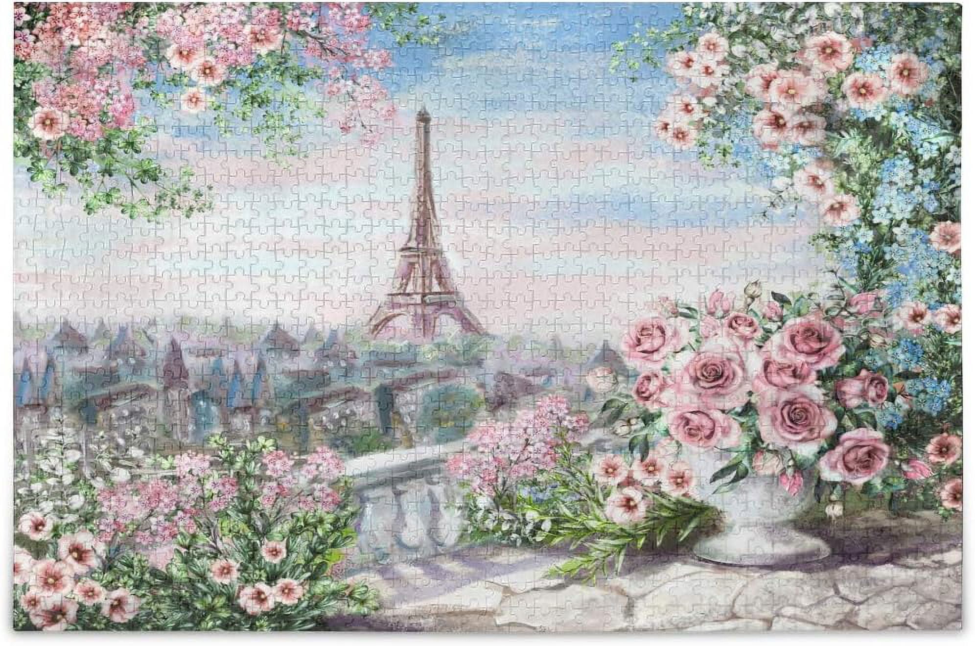 FREEAMG Puzzles for Adults 1000 Piece Oil Painting Eiffel Tower Landscape Flower Rose Jigsaw ...