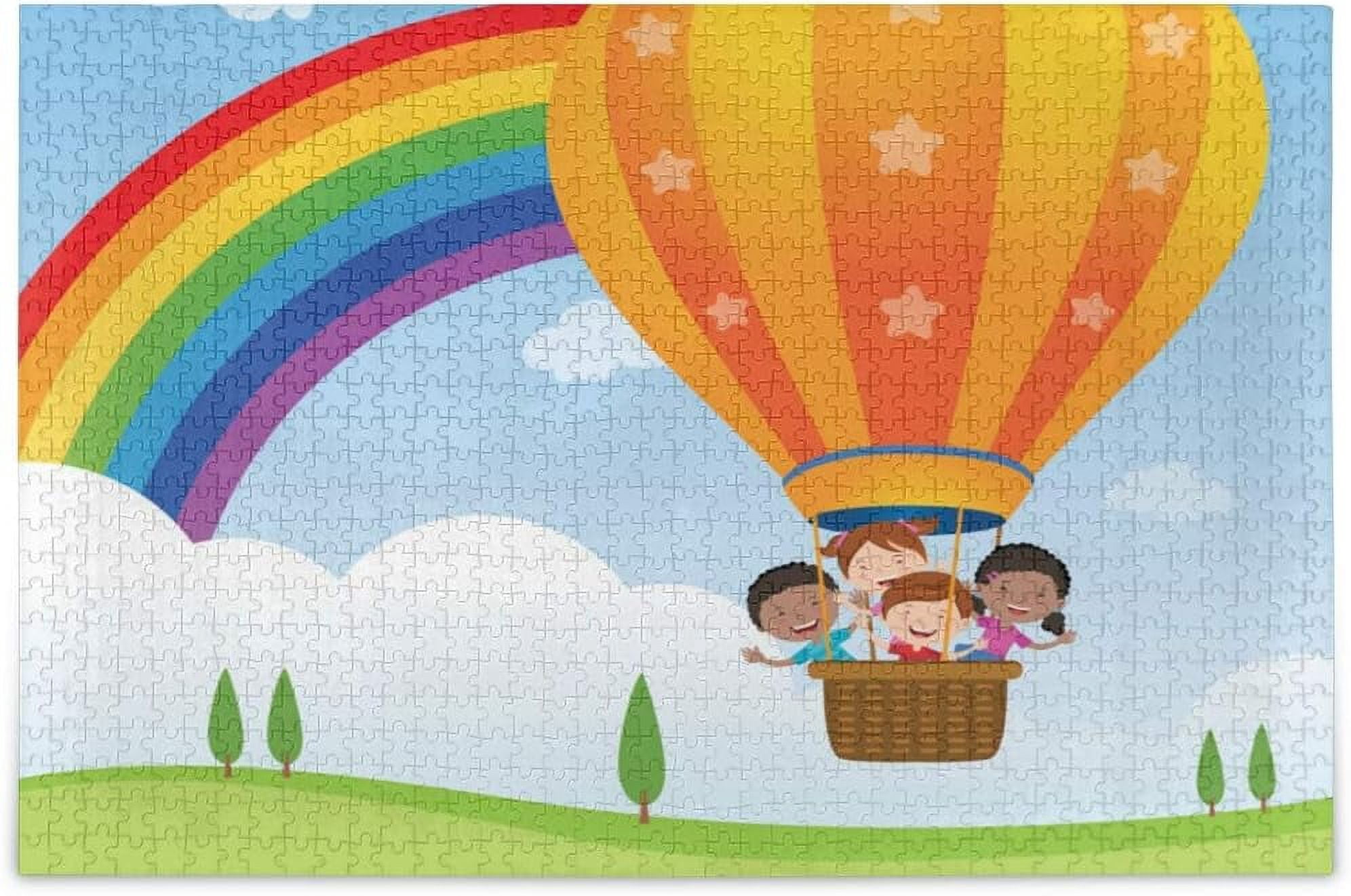 FREEAMG Rainbow Happy Kids Hot Air Balloon Blue Sky White Cloud Wild ...