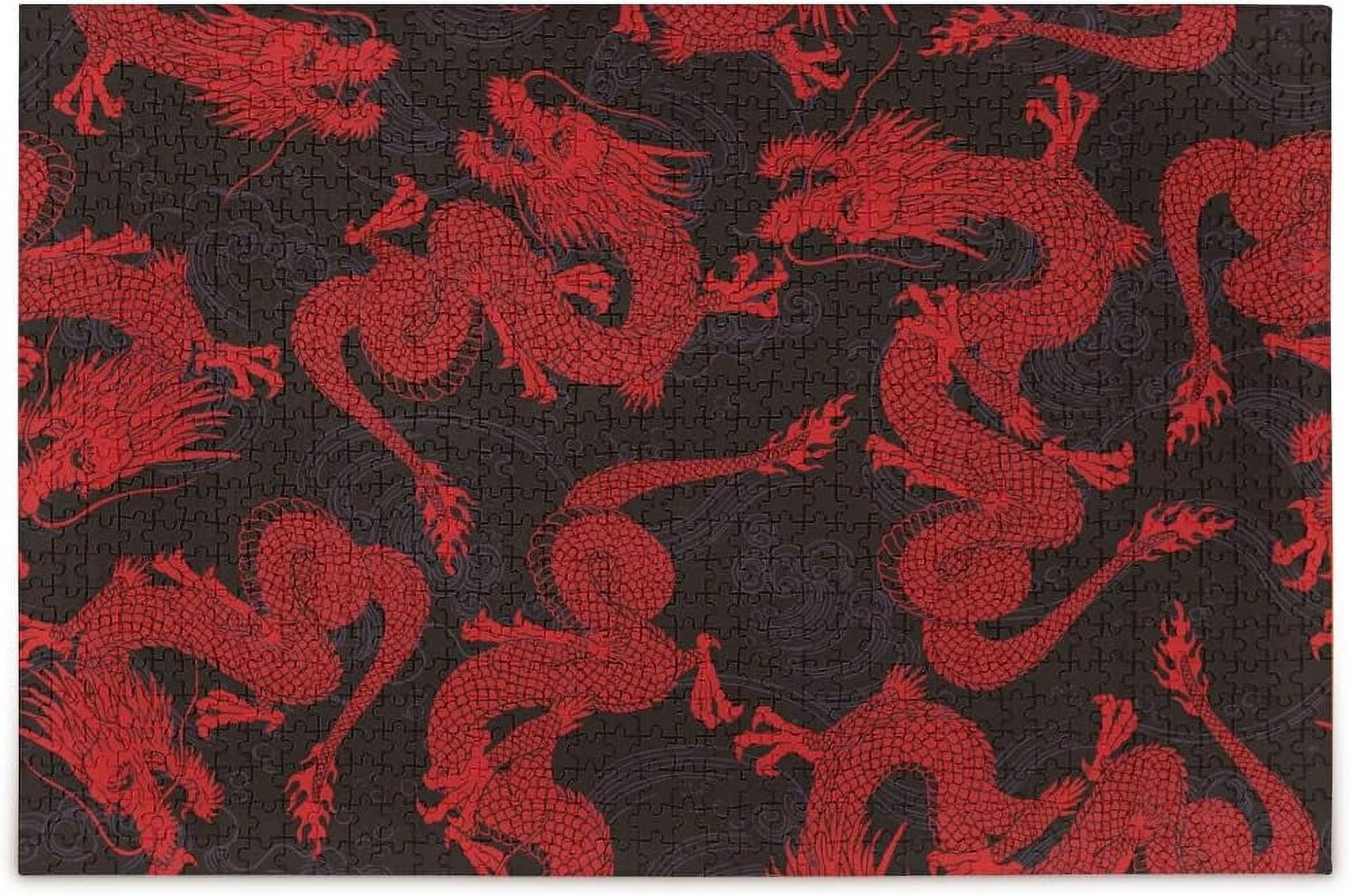 FREEAMG Red Chinese Dragon Ocean Wave Pattern On Black Jigsaw Puzzles ...