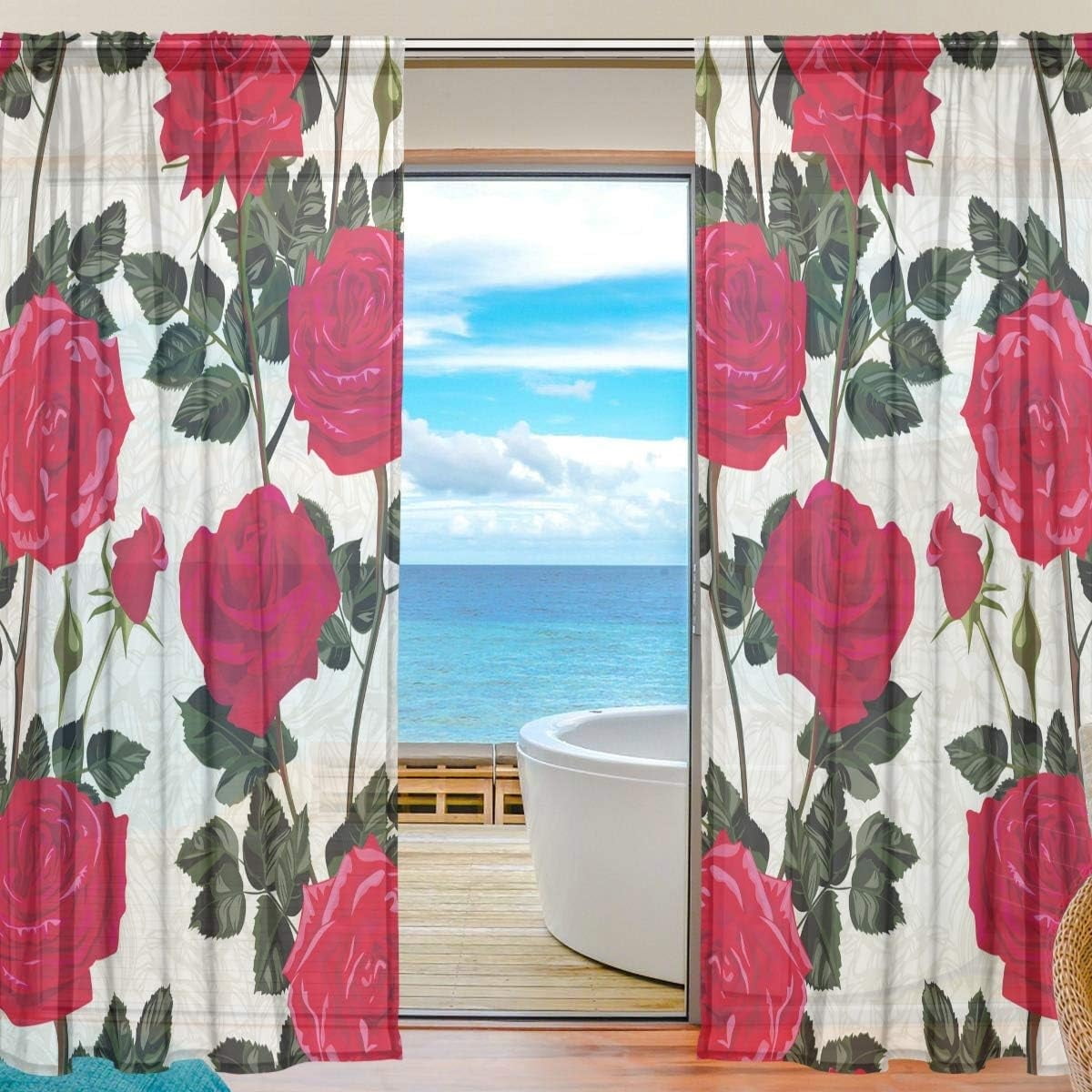 FREEAMG Red Flowers Roses Leaves Sheer Curtains Window Voile Panels ...