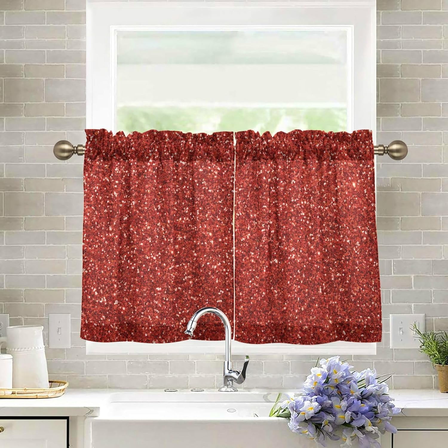 FREEAMG Red Glitter Texture Half Window Tier Curtains 24 Inch Blackout ...
