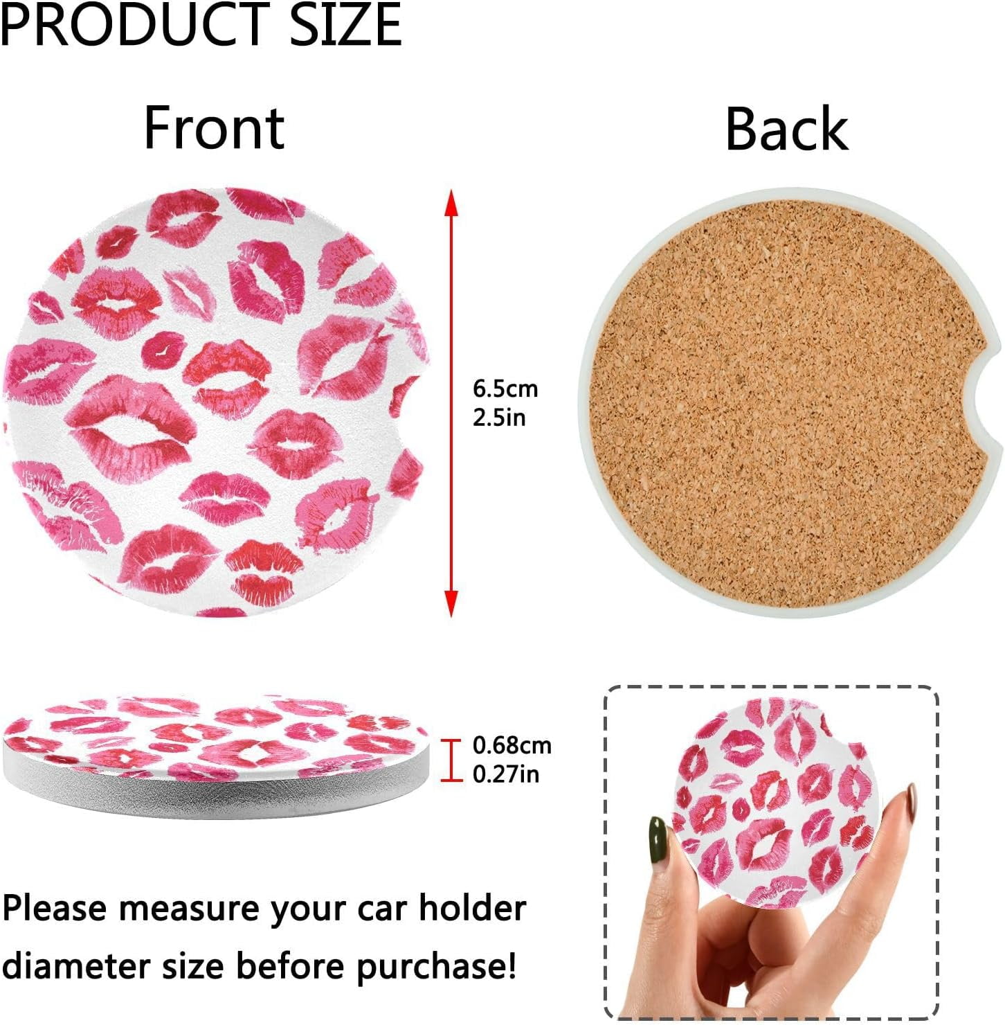 FREEAMG Red Lips Car Coasters 2 PCS Drinks Absorbent Ceramic Stone Car ...