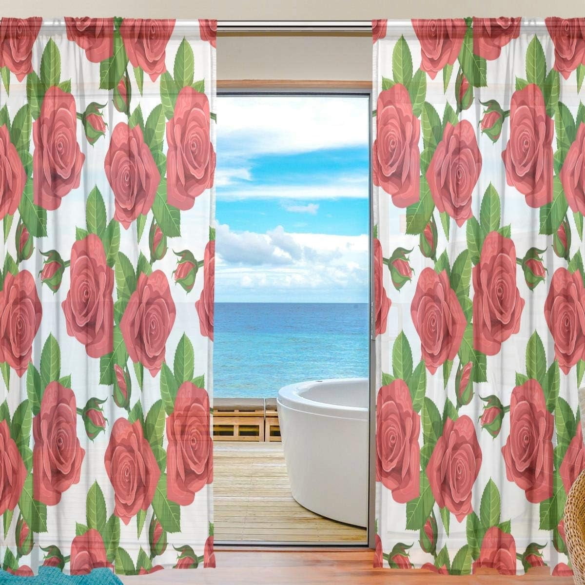 FREEAMG Red Rose Flower Green Leaves Sheer Curtains Window Voile Panels ...