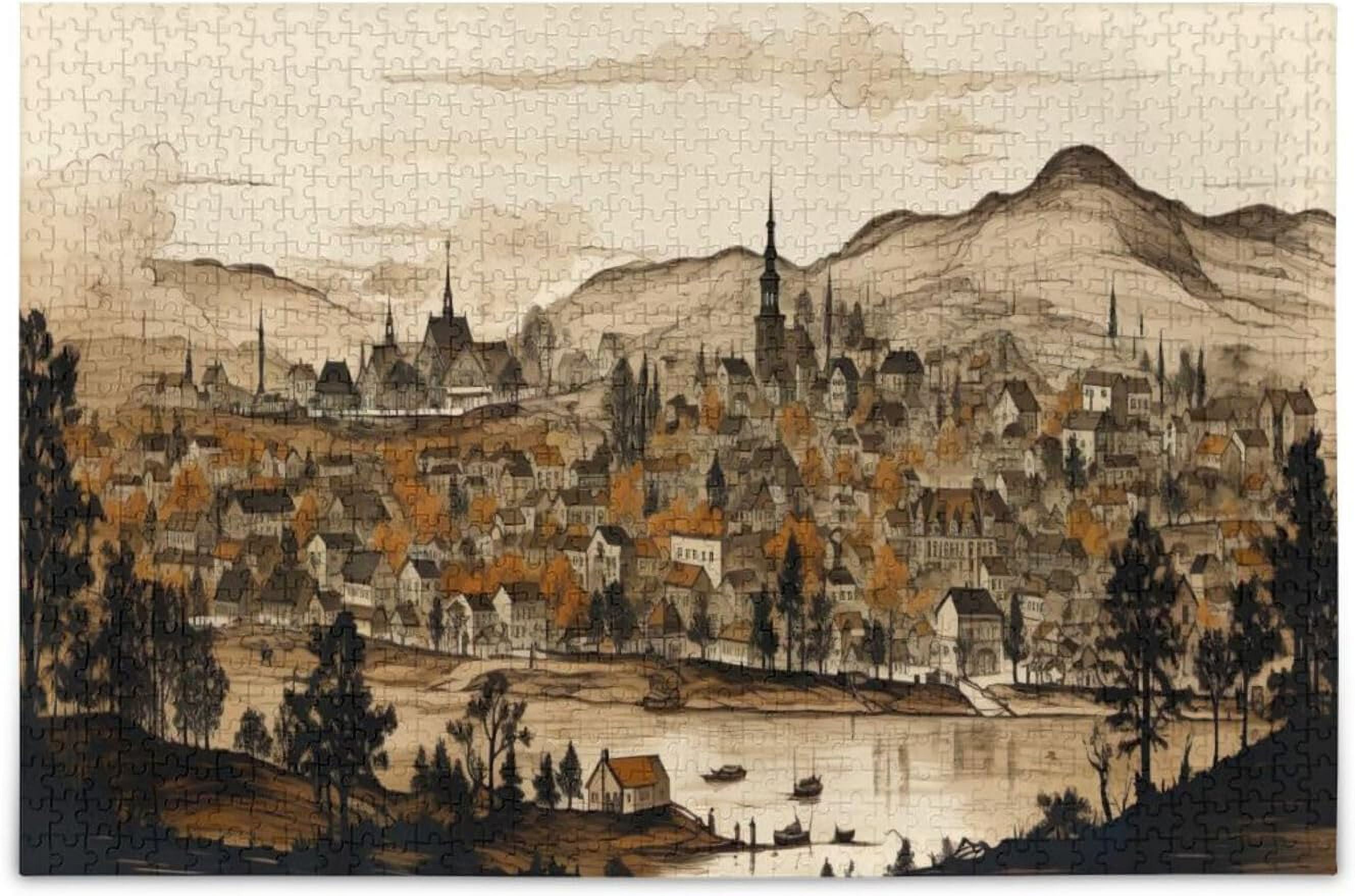 FREEAMG Retro Towns Landscape Puzzle 1000 Pieces - Wooden Jigsaw ...