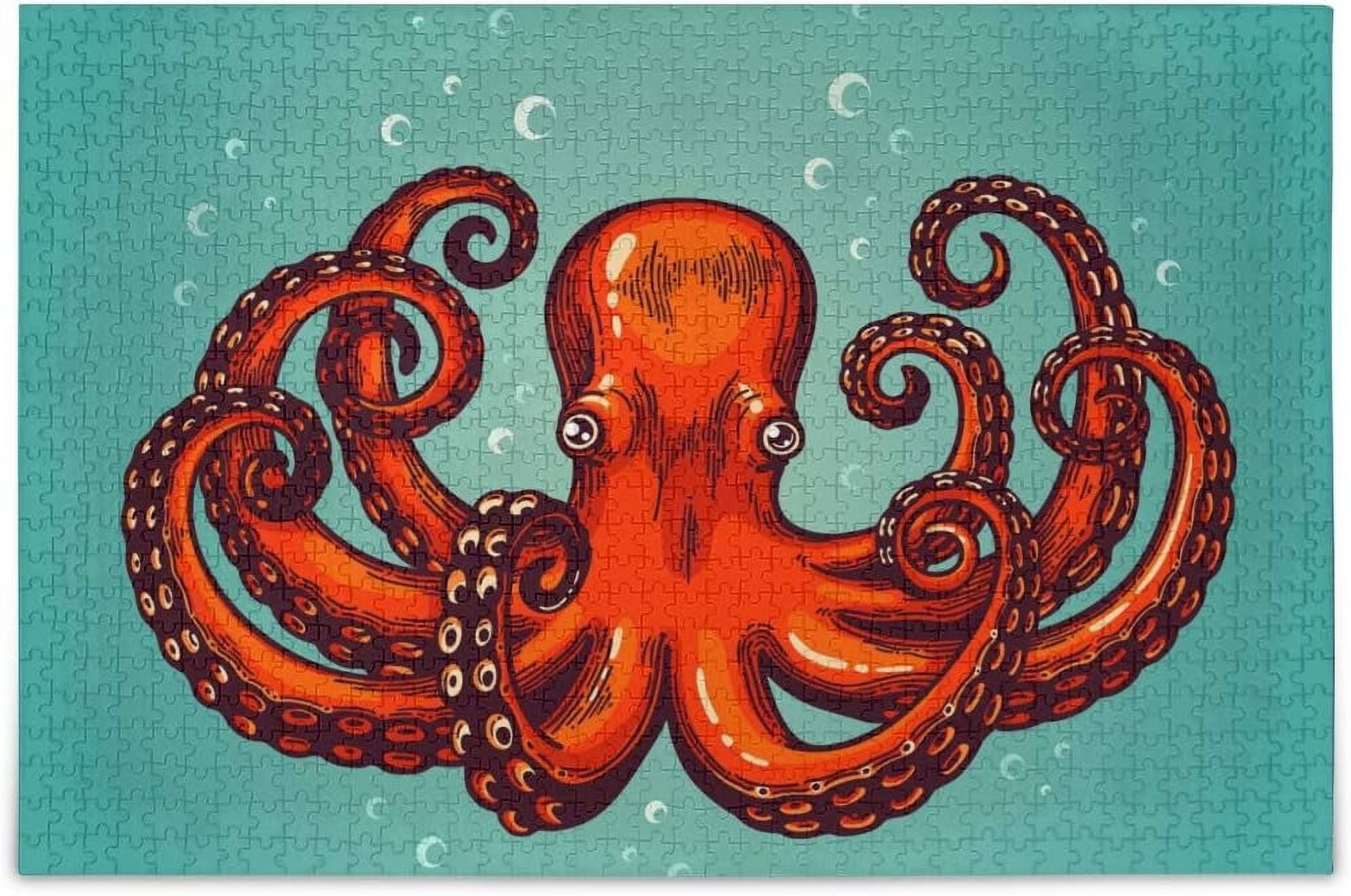 FREEAMG Retro Vintage Red Octopus Ocean Bubble On Blue Jigsaw Puzzles ...