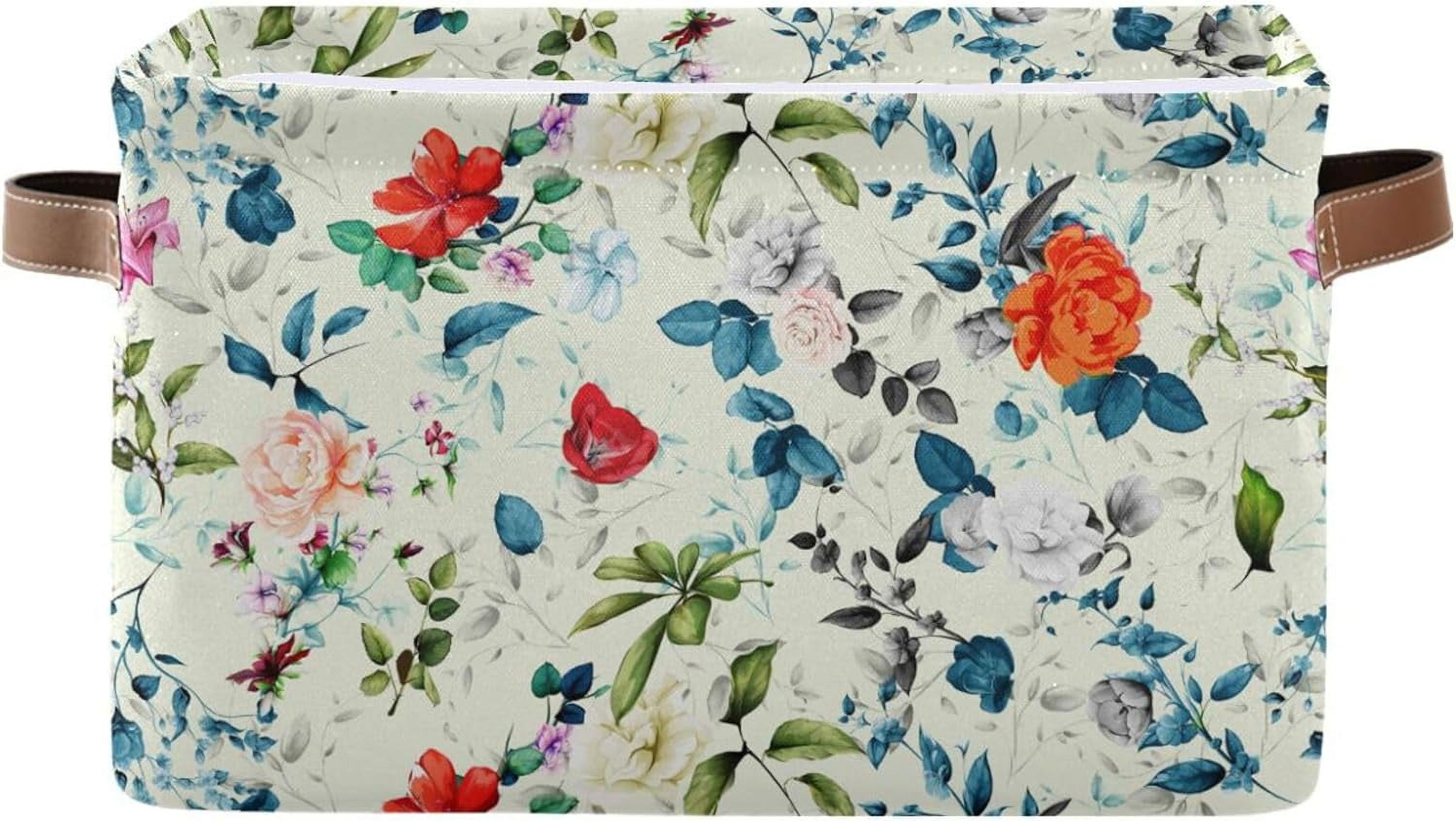 FREEAMG Rose Peony with Blue Leaves Storage Basket, Durable Canvas ...