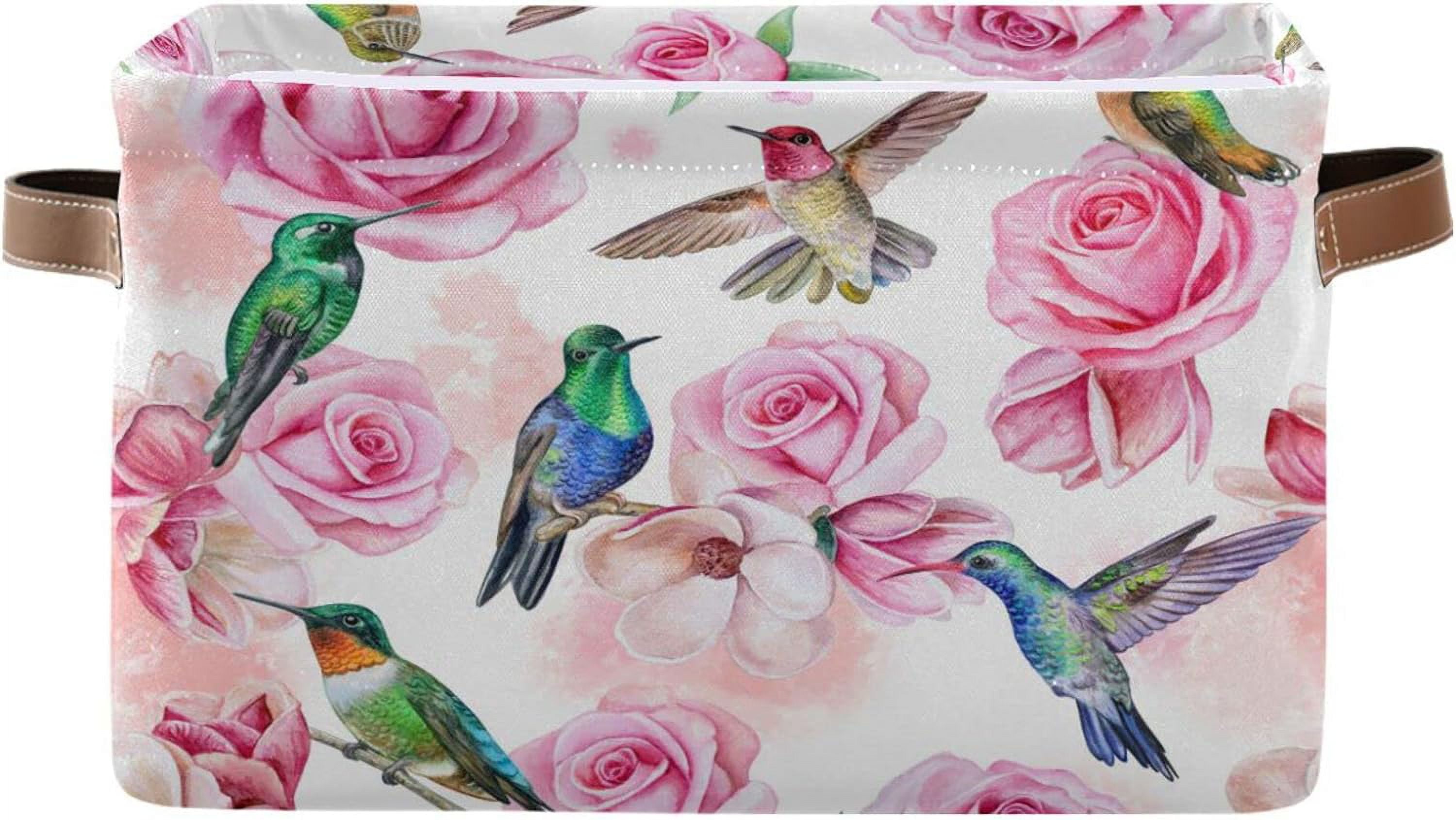 FREEAMG Roses Hummingbird Large Square Storage Basket Bin with Handles ...