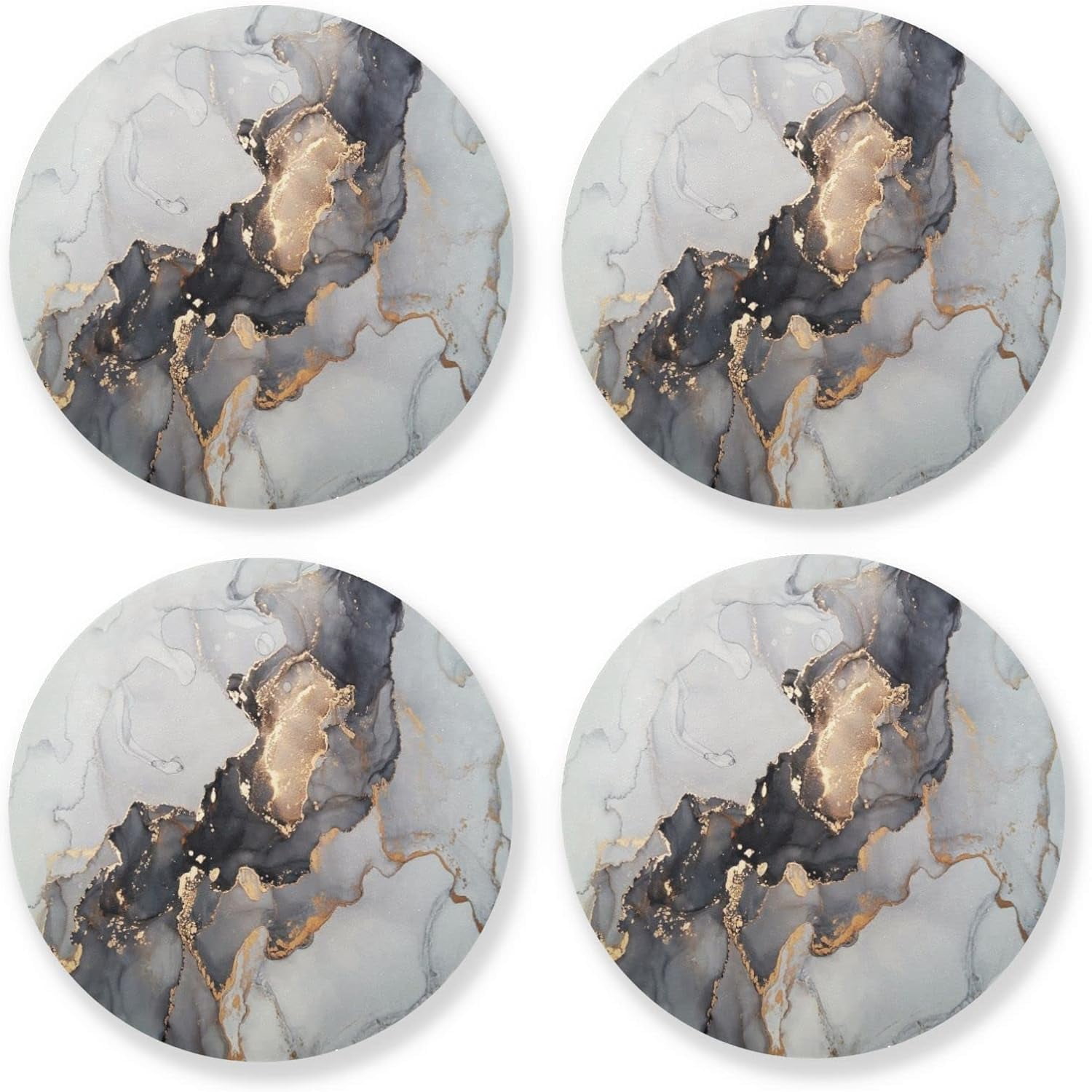 FREEAMG Round Coasters Set of 4, Black Gold Marble Texture Absorbent ...