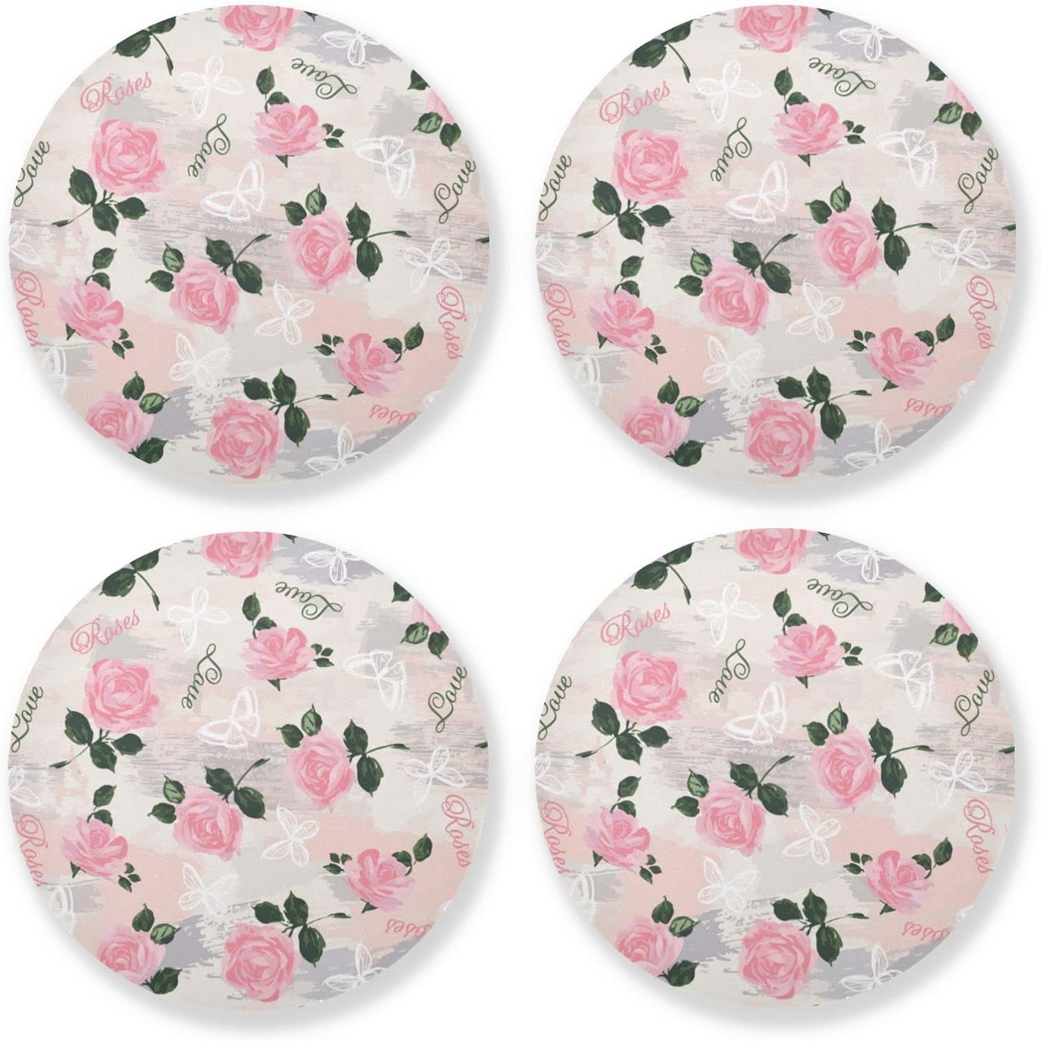 FREEAMG Round Coasters Set of 4, Watercolor Roses and Butterflies ...