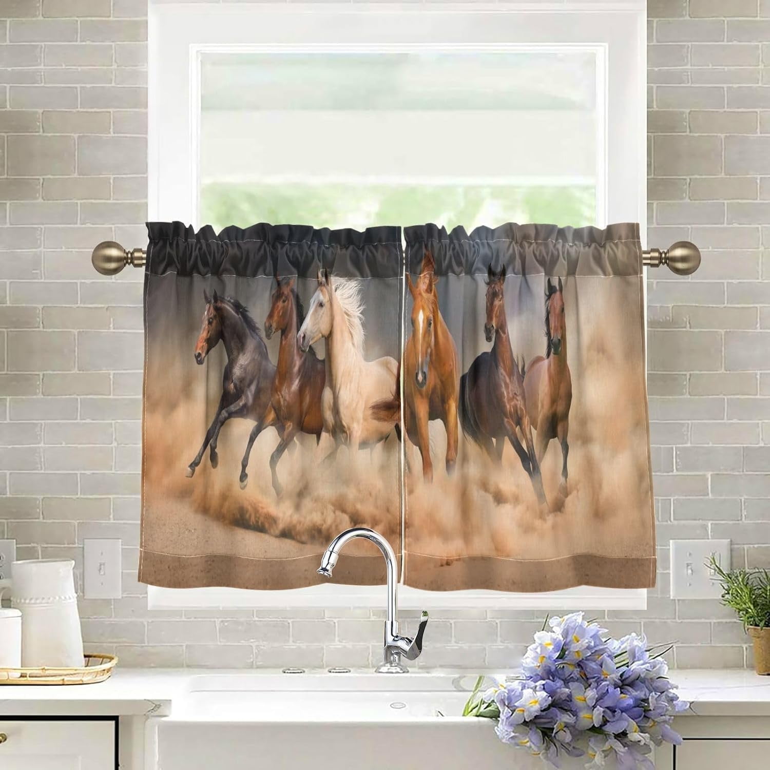 FREEAMG Running Horses Half Window Tier Curtains 36 Inch Blackout ...