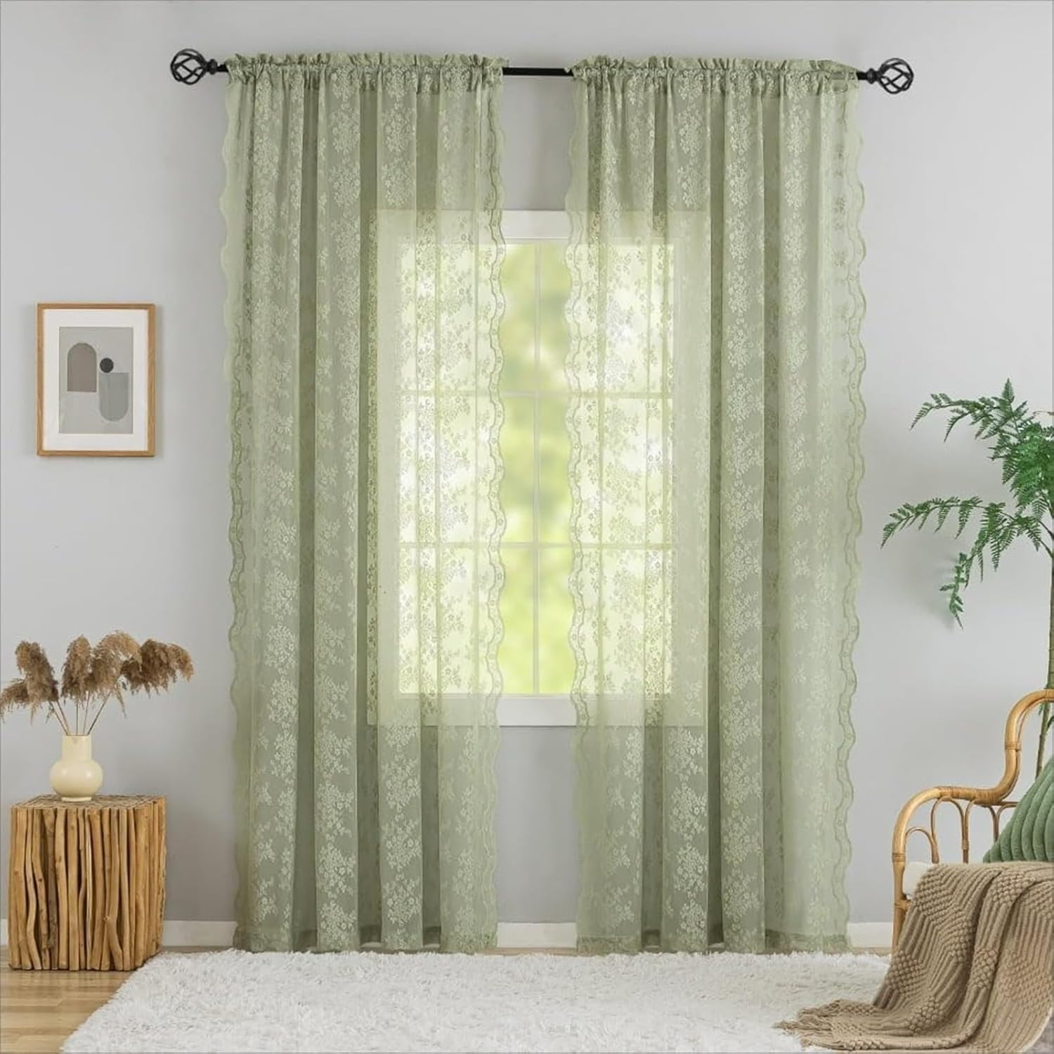 FREEAMG Sage Green Lace Curtains 120 Inches Long 2 Panels for Living ...