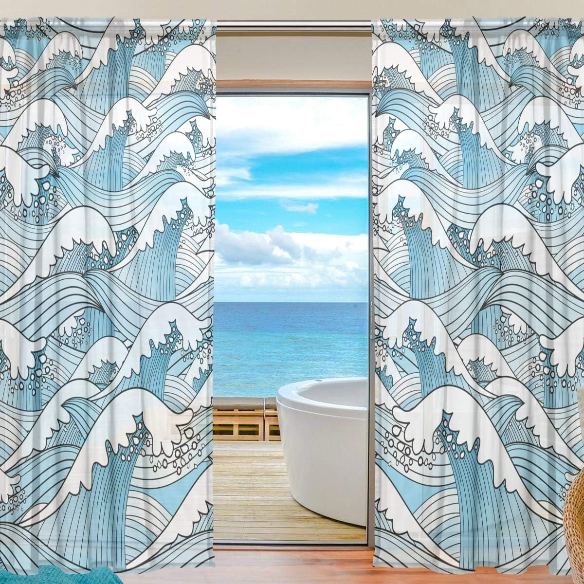 FREEAMG Sea Blue Waves Sheer Curtains Window Voile Panels Drapes Tulle ...