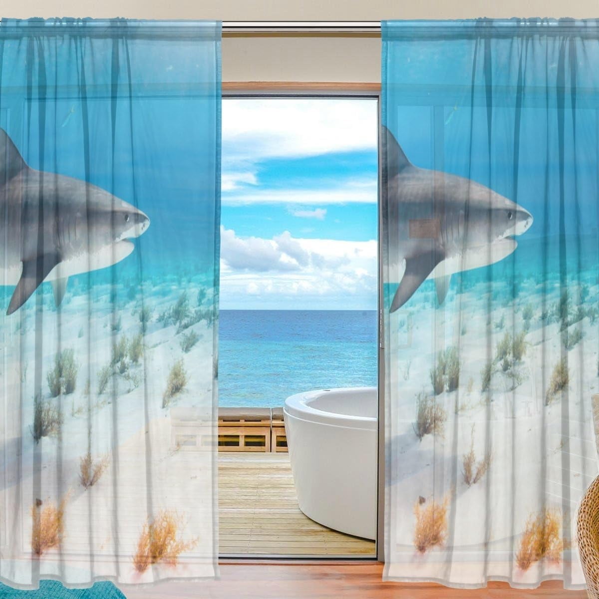 FREEAMG Sea Tiger Shark Sheer Window Curtain Panel Drape 55x78 Inch for ...