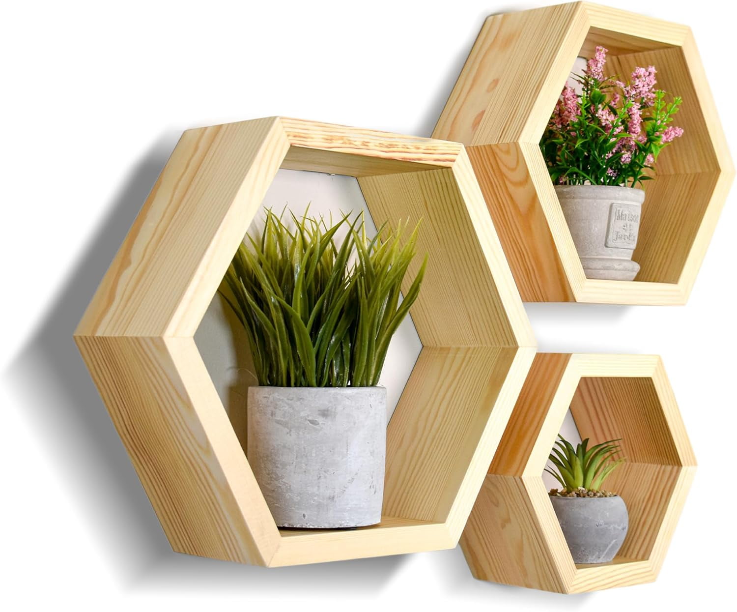 FREEAMG Set of 3 Natural Pine Wood Hexagon Shelves for Wall Decor ...