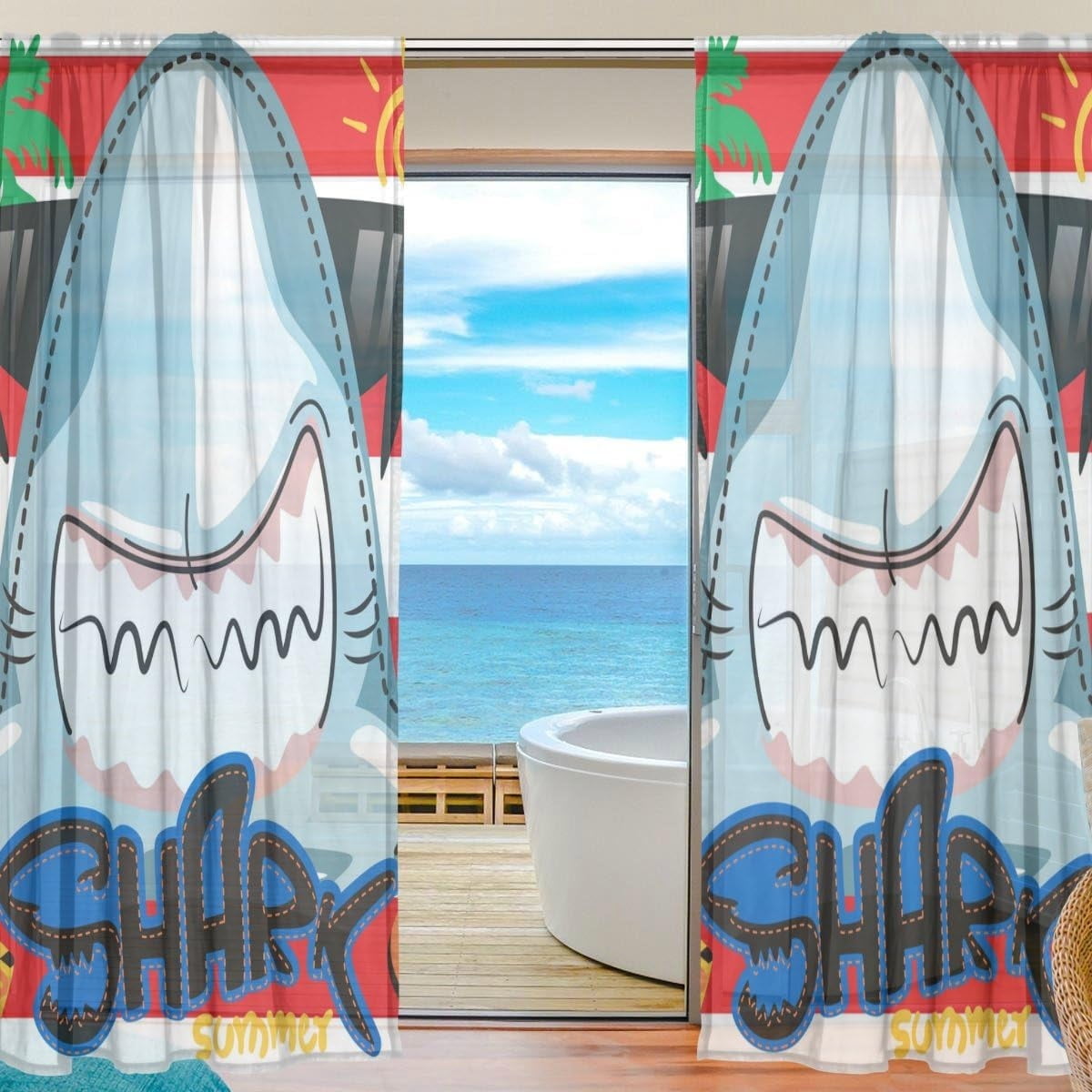 FREEAMG Shark Summer Time Stripe Sheer Window Curtain Panel Drape 55x84 ...