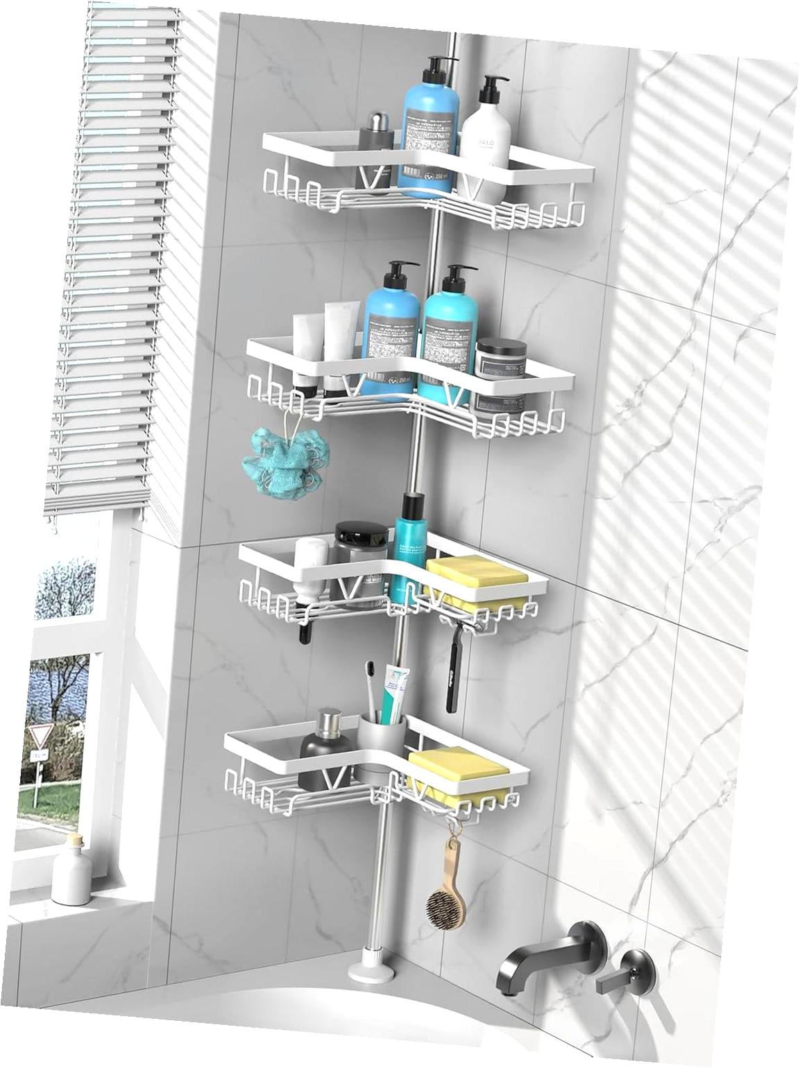 FREEAMG Shower Caddy Tension Pole Corner - Stainless Steel Bathroom Organizer White Adjustable ...