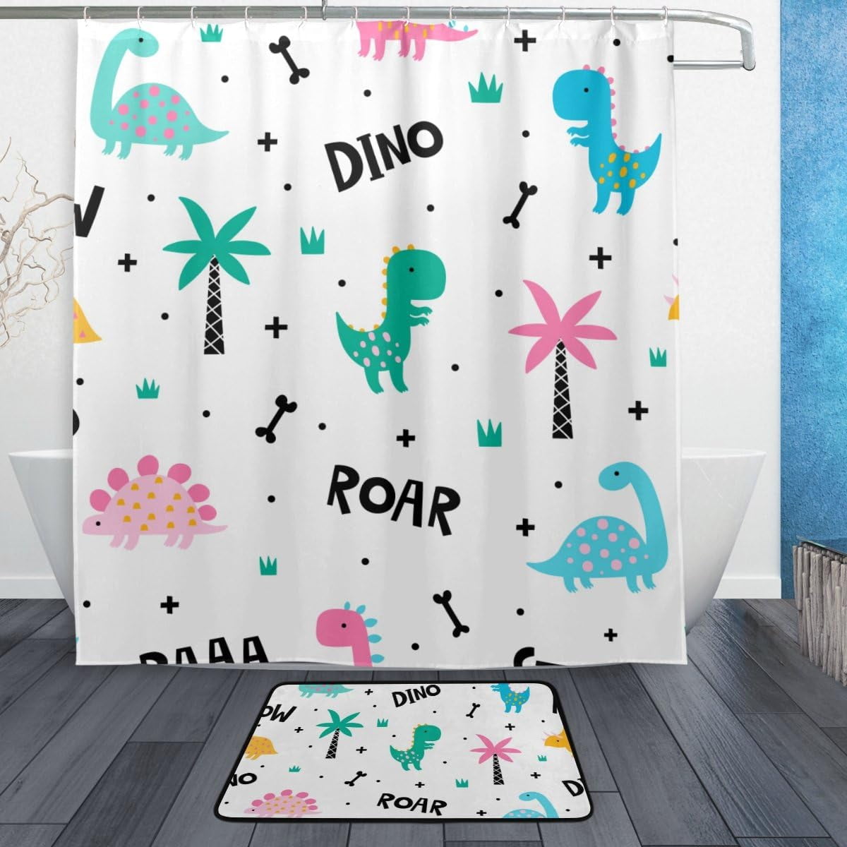 FREEAMG Shower Curtains and Mats Set Cute Little Dinosaur Roar Dots ...