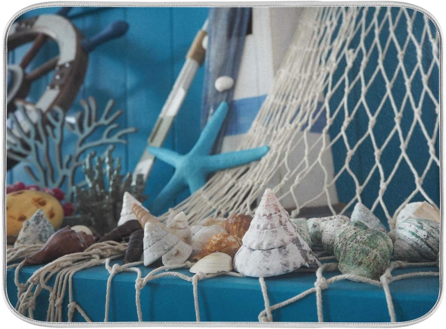 FREEAMG Starfish Seashell Coral Reef Ship's Wheel on Blue Wooden Dish ...