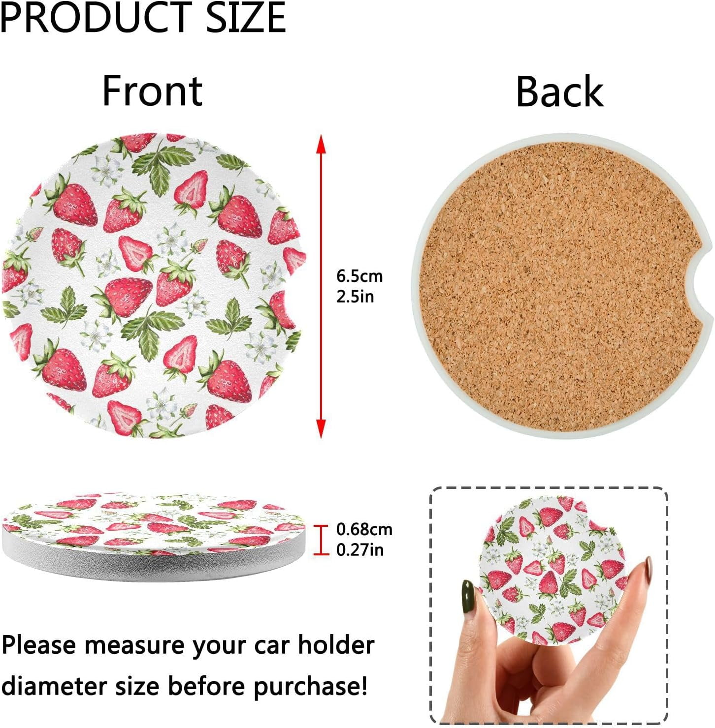 FREEAMG Strawberry Floral Car Coasters 2 PCS Drinks Absorbent Ceramic ...