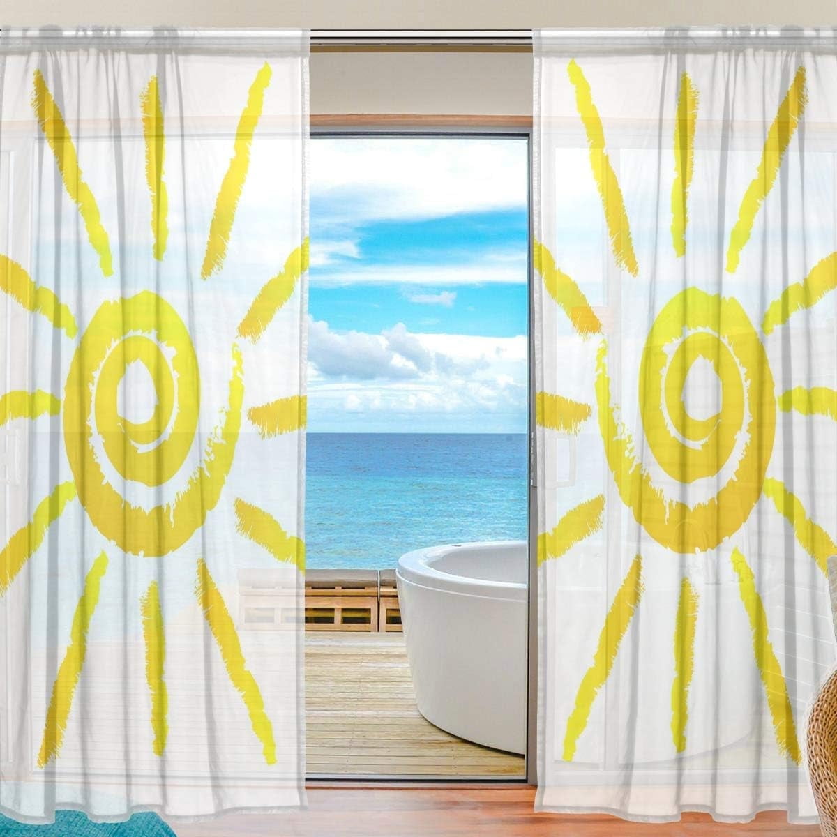 FREEAMG Sun Illustration Childish Watercolor Sheer Curtains Window ...