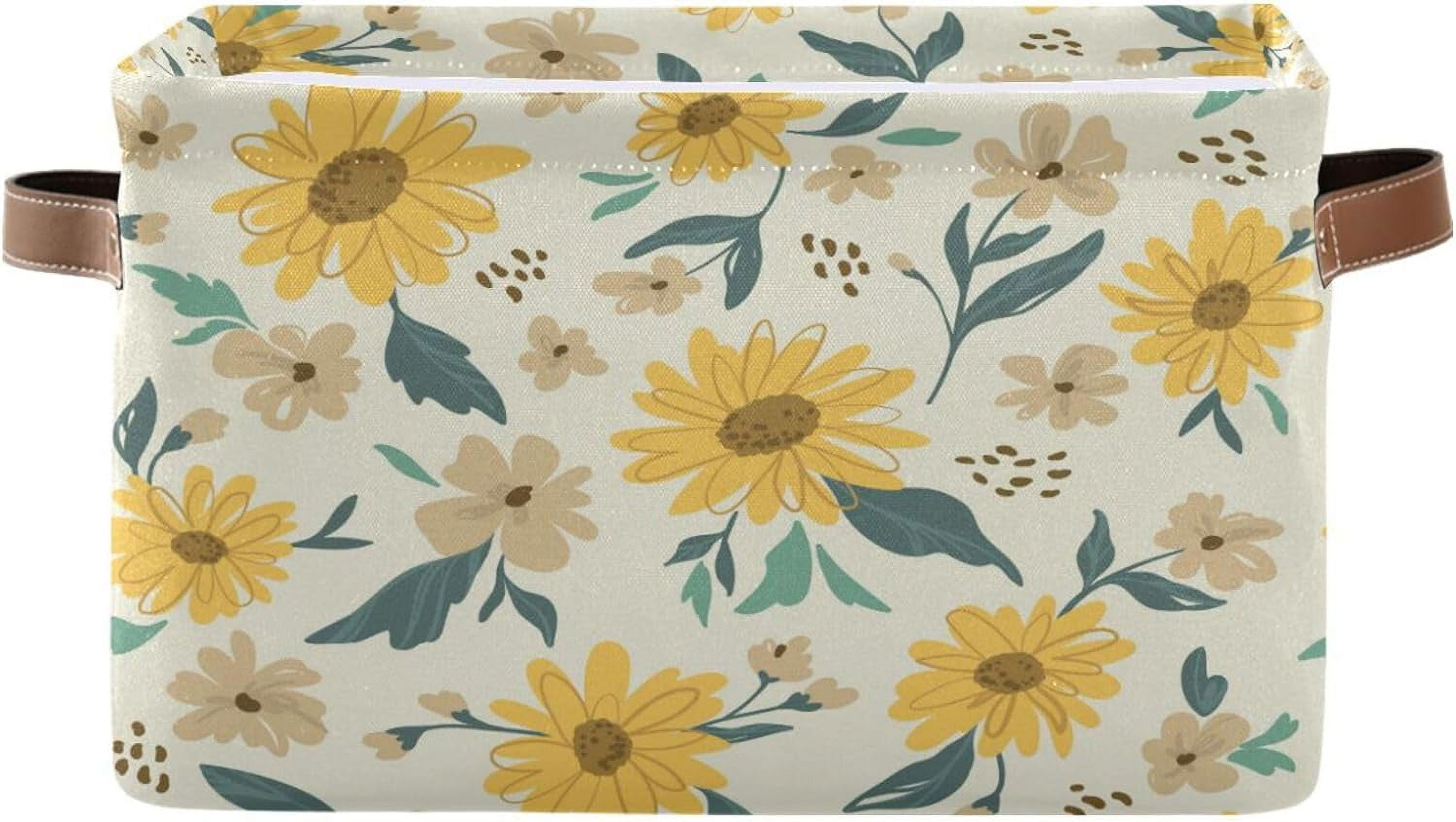 FREEAMG Sunflower Floral Large Square Storage Basket Bin with Handles ...