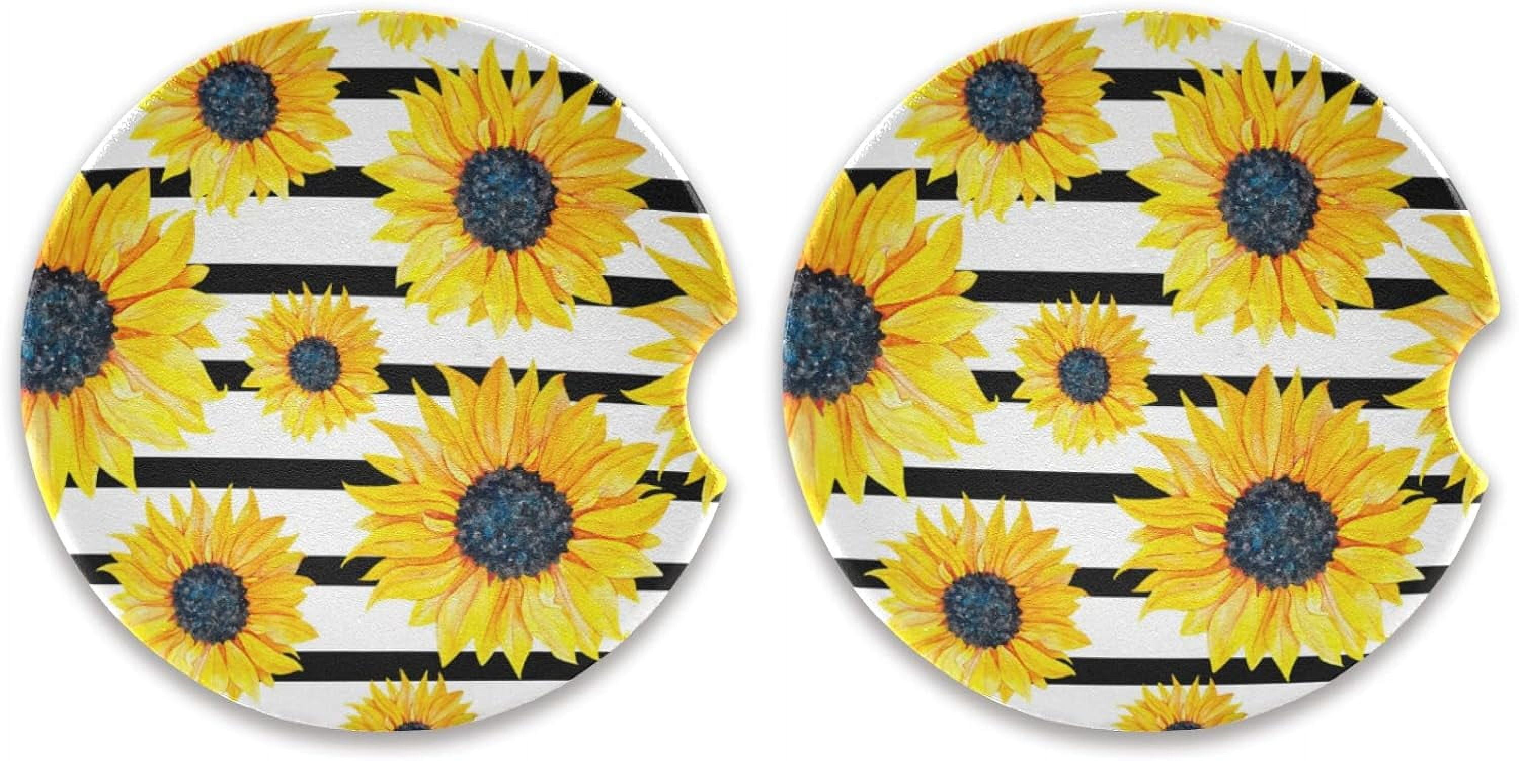 FREEAMG Sunflowers On Black and White Stripes Car Coasters 2 Pieces ...