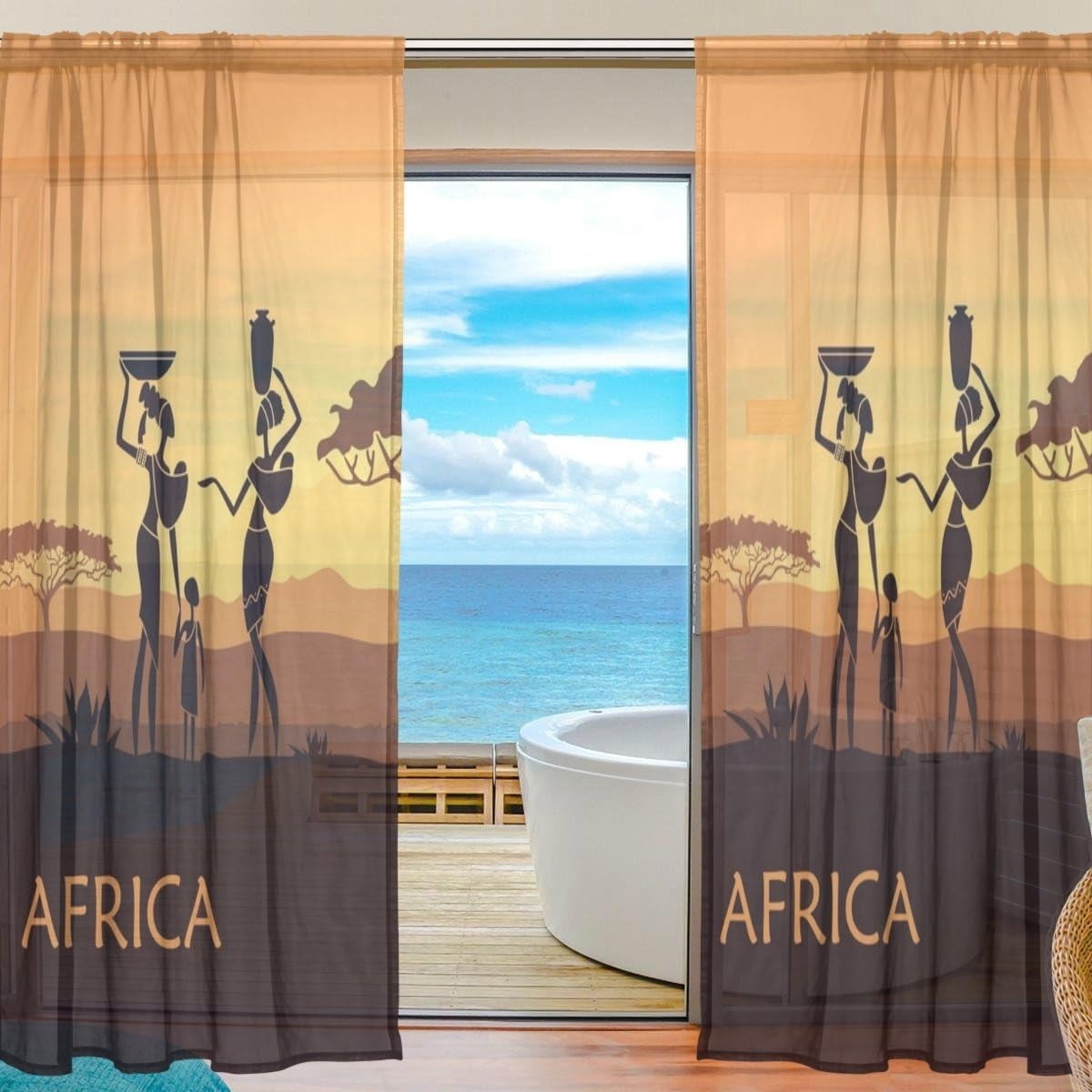 FREEAMG Sunset African Family Sheer Window Curtain Panel Drape 55x78 ...
