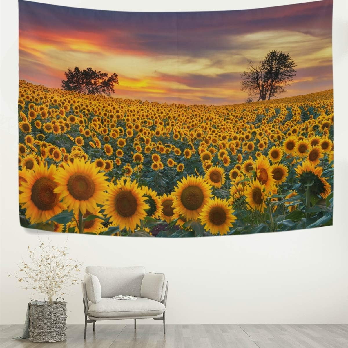 FREEAMG Tapestry Boho Yellow Sunflower Floral Field Trees Tapestry Wall ...