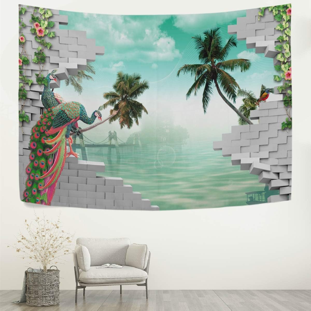 FREEAMG Tapestry Wall Hanging 3D Gray Bricks Peacocks Palm Trees ...