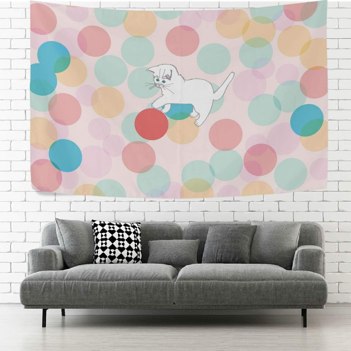 FREEAMG Tapestry Wall Hanging Colorful Polka Dots Cute Animal White Cat ...
