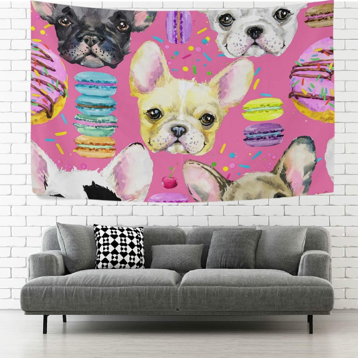 FREEAMG Tapestry Wall Hanging Cute French Bulldog Pink Donuts Tapestry ...