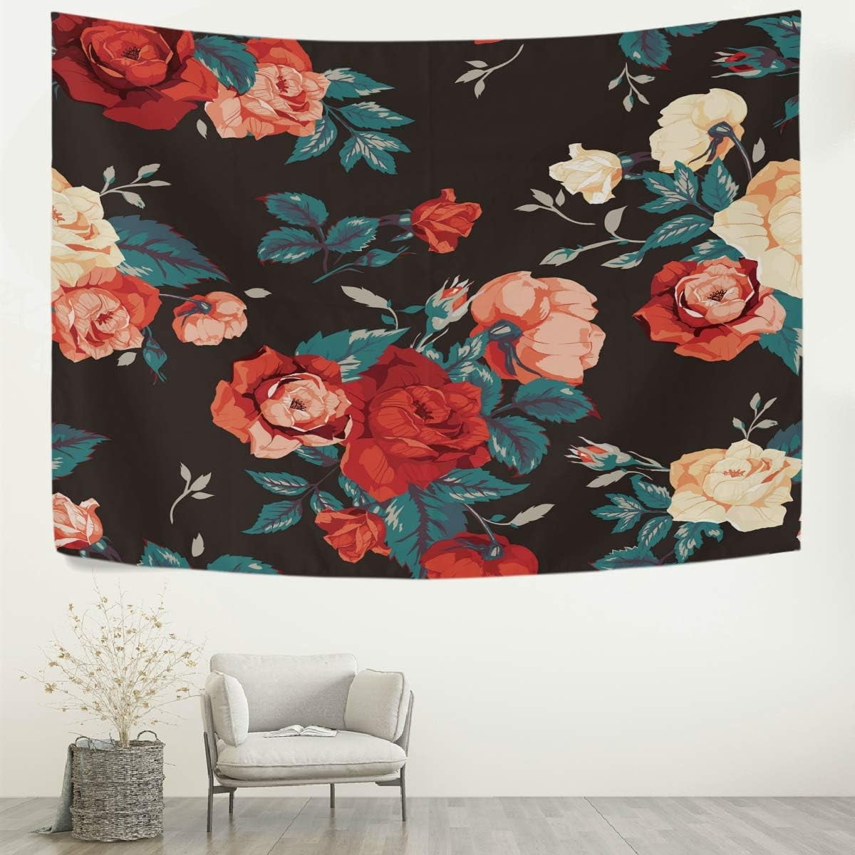 FREEAMG Tapestry Wall Hanging Vintage Chic Red Roses Floral Tapestry ...