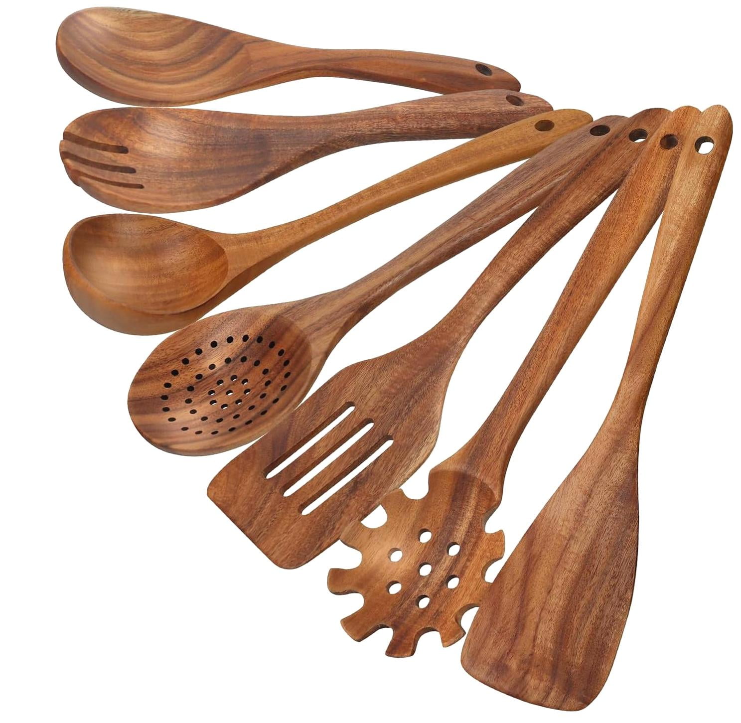 FREEAMG Teak wooden cooking spoons, 7-piece kitchen utensil set ...