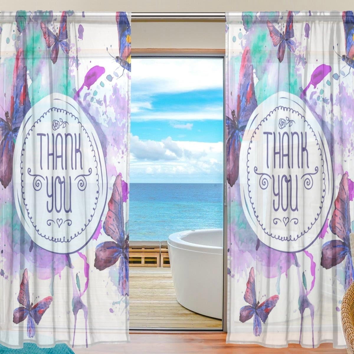 FREEAMG Thank You Watercolor Butterfly Sheer Window Curtain Panel Drape ...
