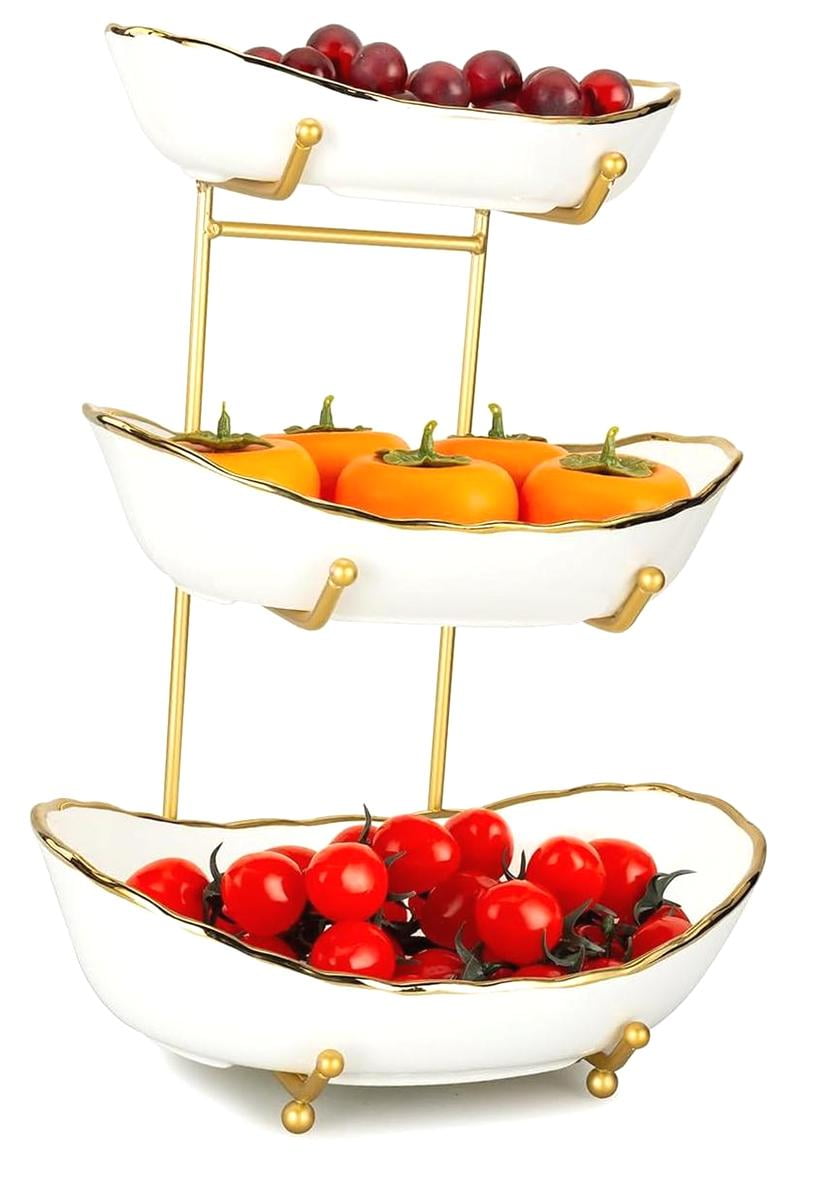 FREEAMG Three-Tier White Ceramic Fruit Bowl for Kitchen, Countertop ...