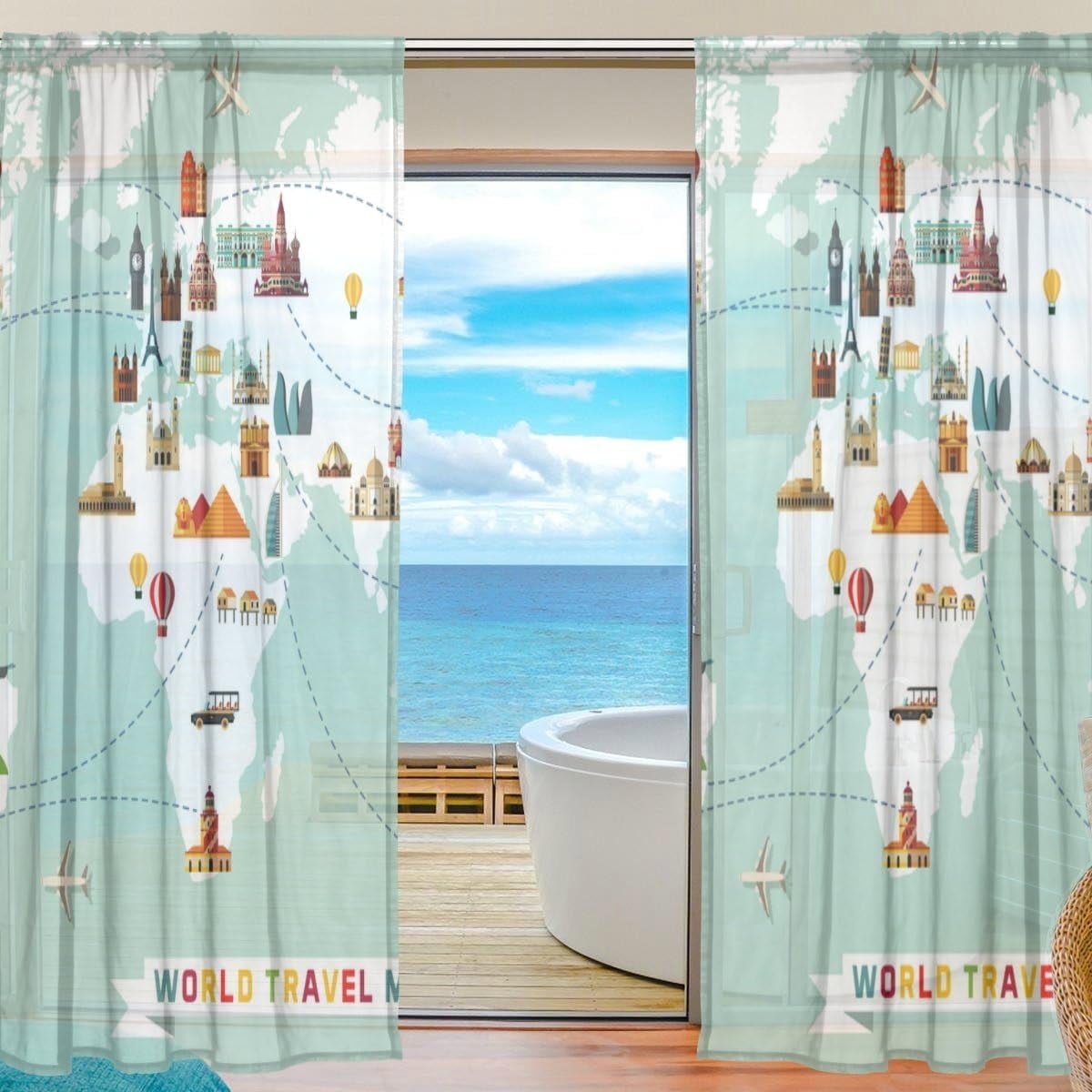 FREEAMG Travel World Map Sheer Window Curtain Panel Drape 55x84 Inch ...