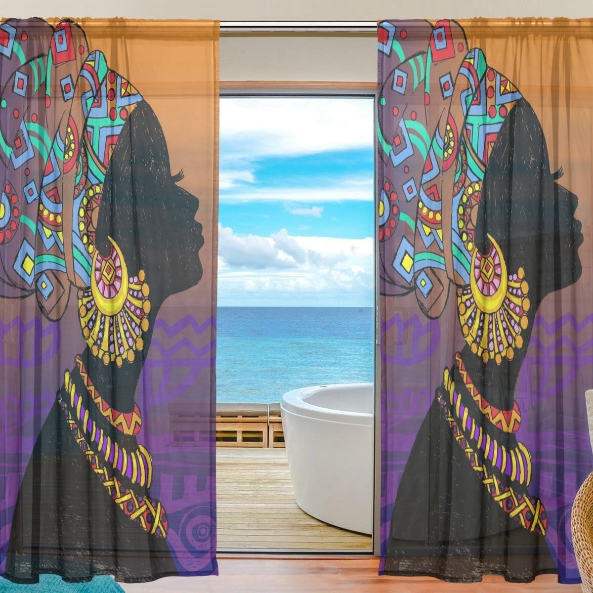 FREEAMG Tribe African Woman Sheer Window Curtain Panel Drape 55x84 Inch ...