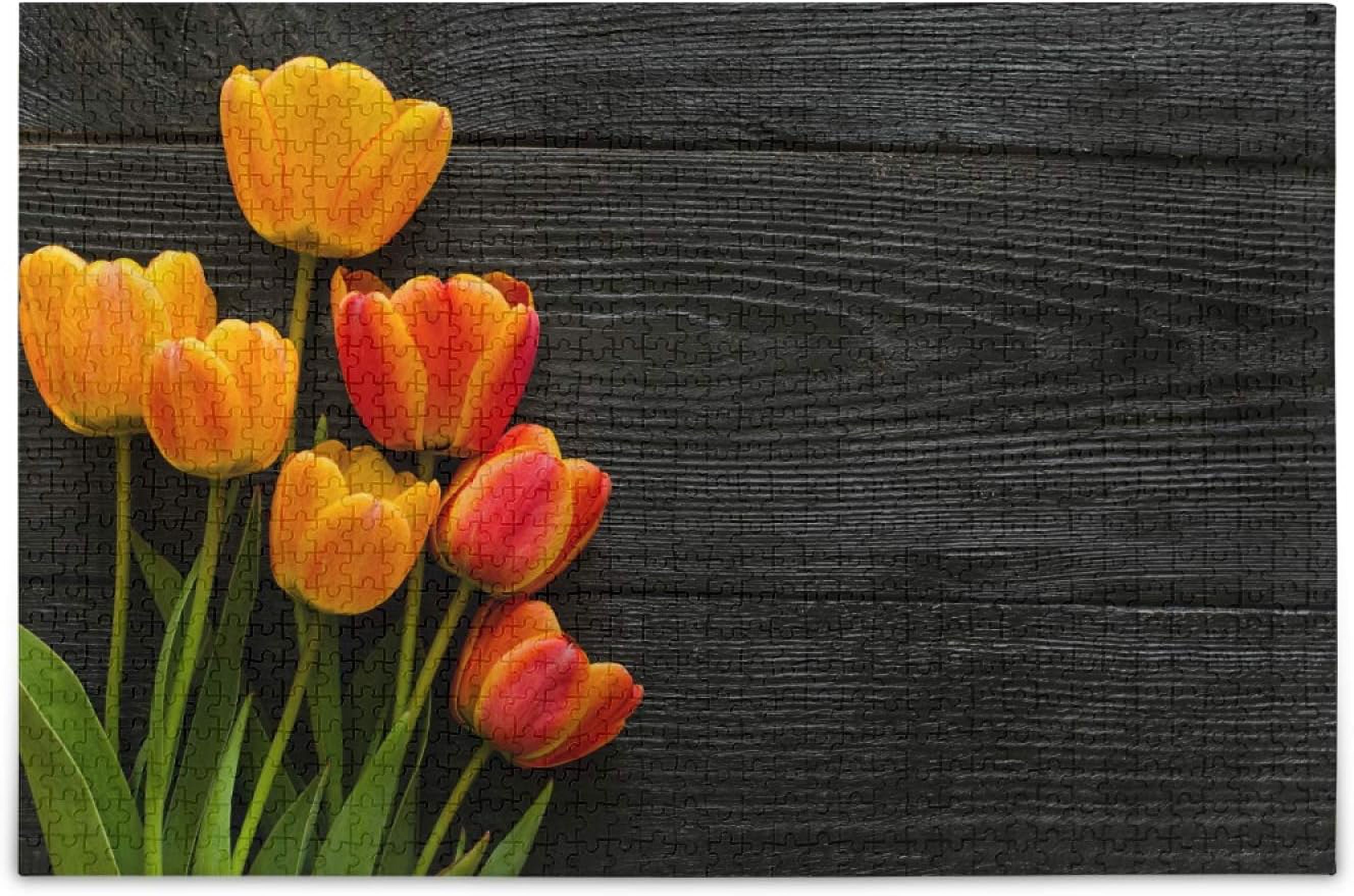 FREEAMG Tulip Flowers On Black Wooden Puzzle for Adults 1000 Piece ...