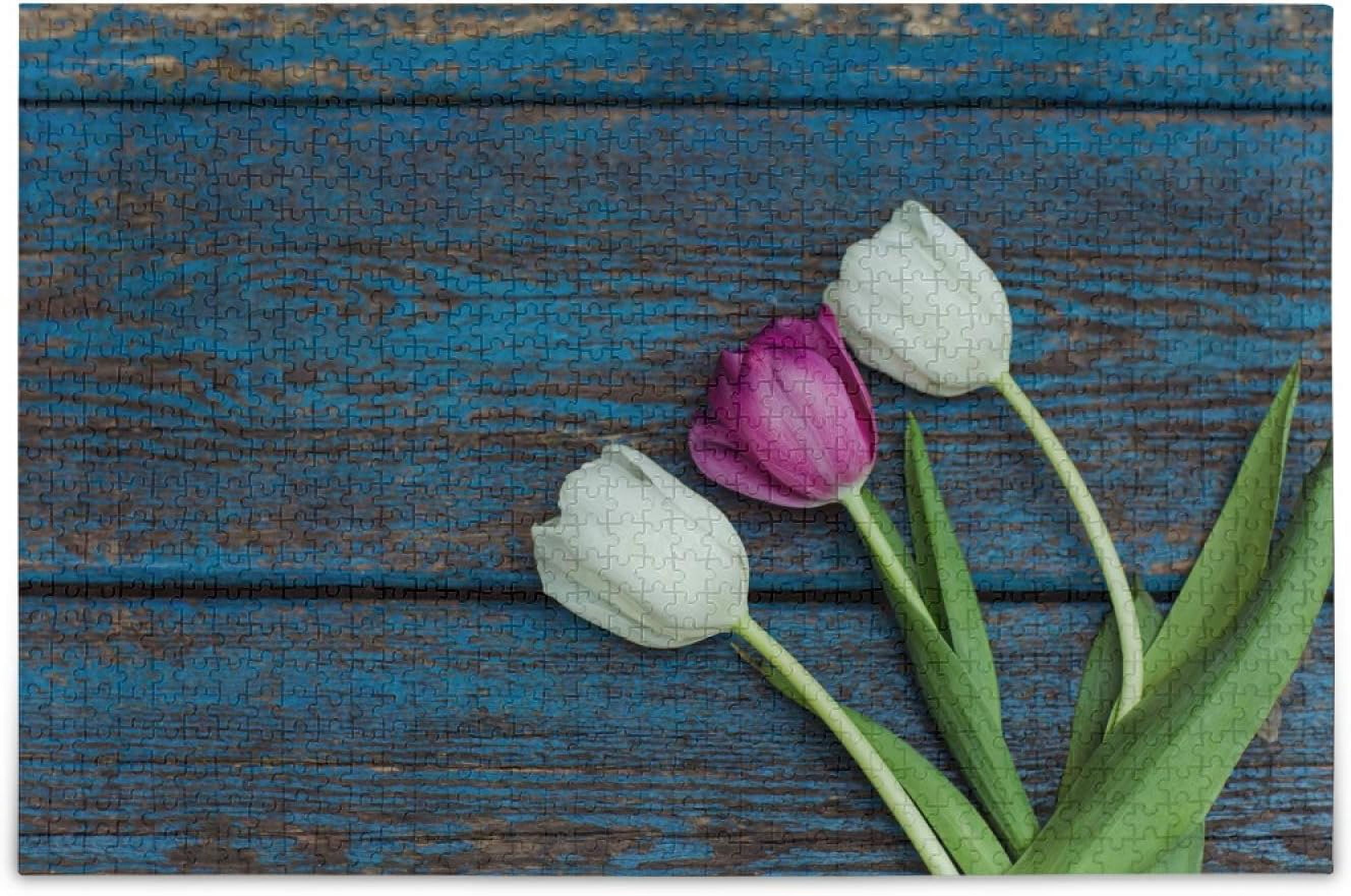 FREEAMG Tulip Flowers On Blue Wooden Puzzle for Adults 1000 Piece ...